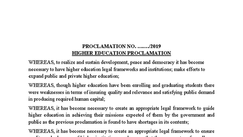 Higher Education Proclamation No. 2: Legal Framework for Quality and ...