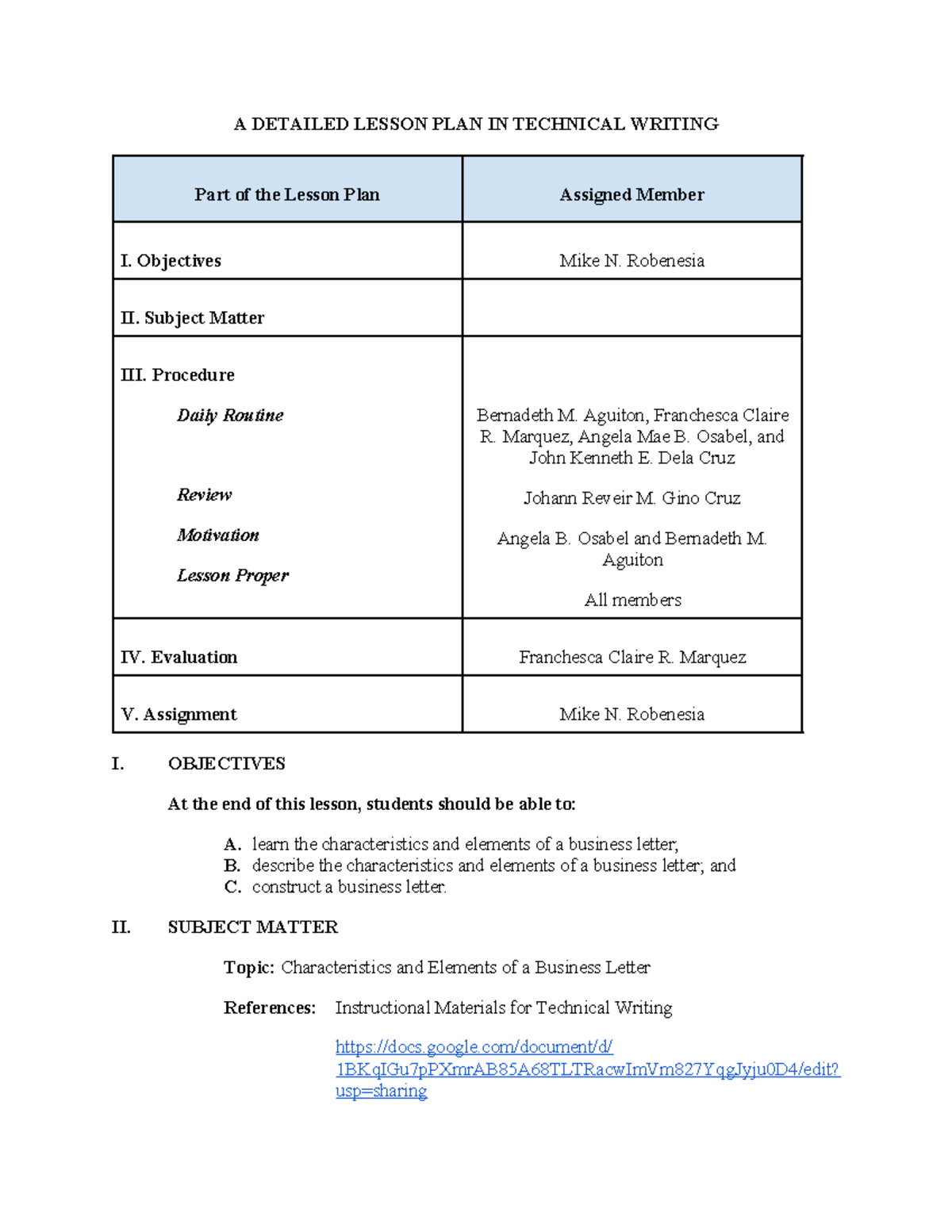 Detailed Lesson Plan: Business Letter Characteristics (BSED EN 2-2 ...