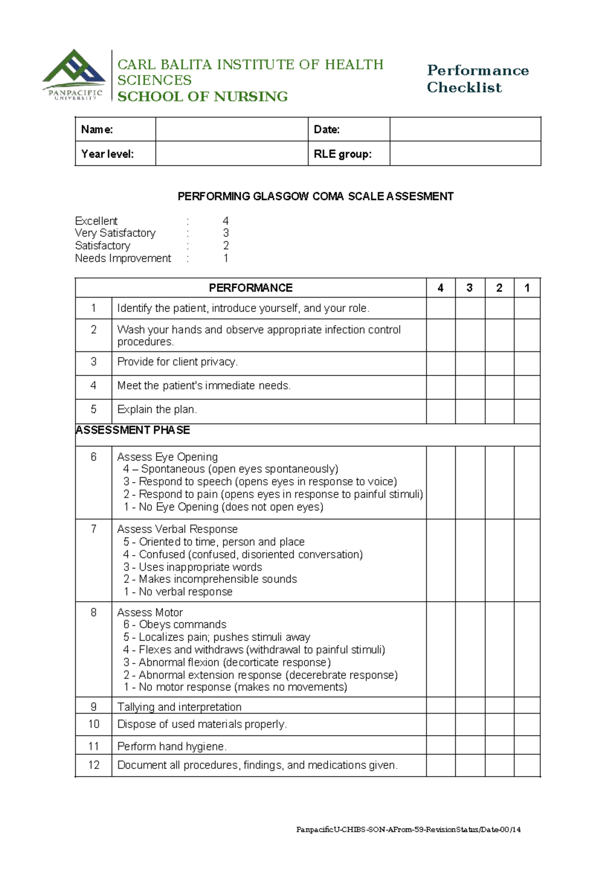 Performance Checklist for GCS Assessment - Nursing RLE - Studocu