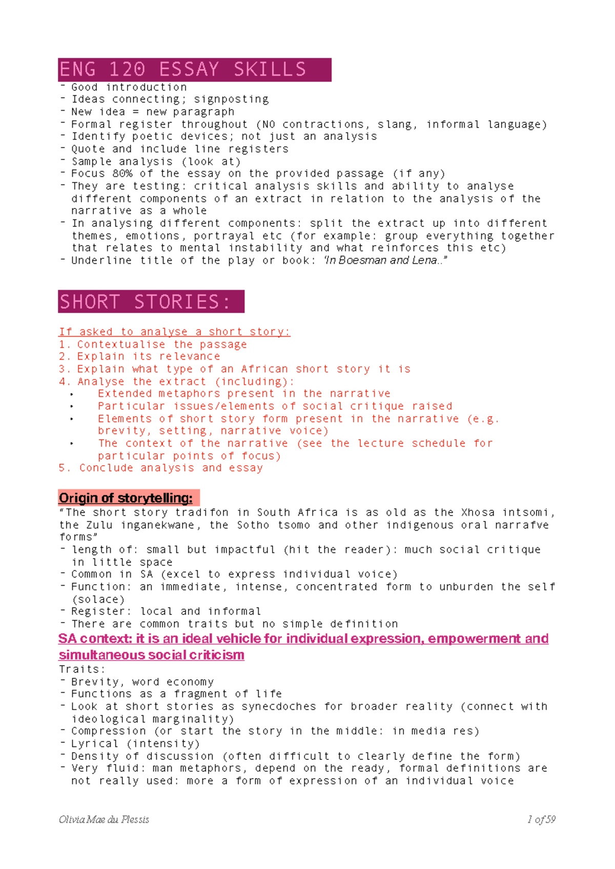 ENG120 Final Exam Notes on Essay Skills & Short Stories Analysis - Studocu