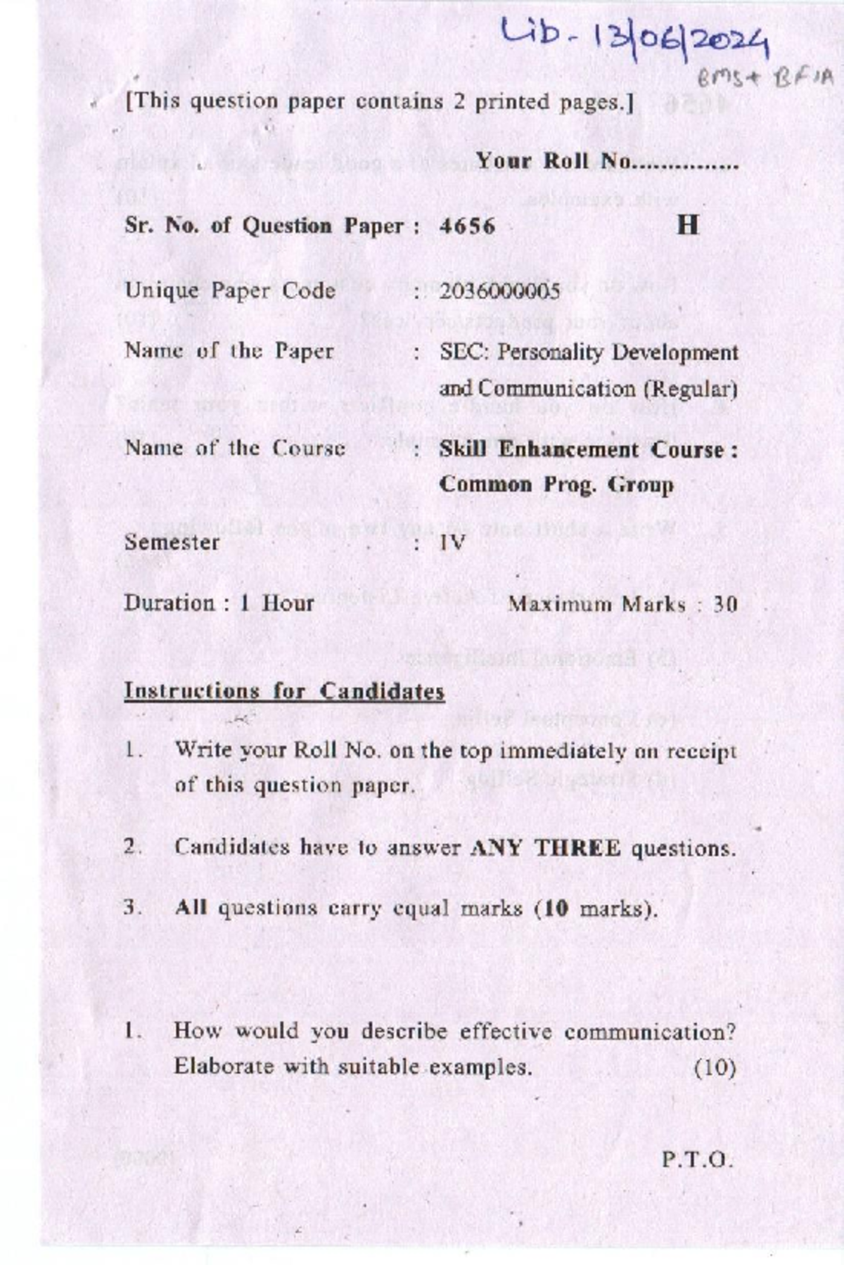 SEC: Personality Development & Communication - BFIA QP 2024 - Studocu