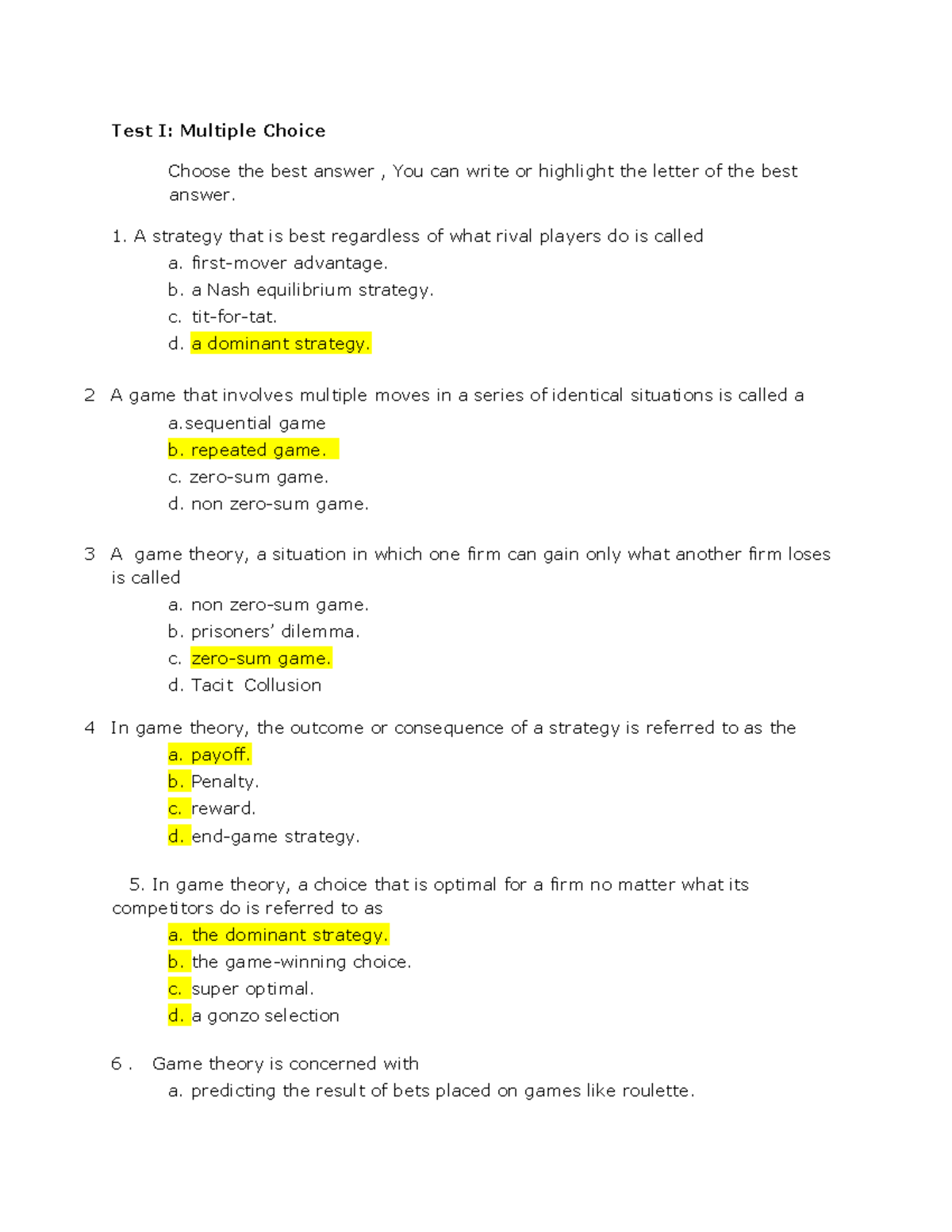 Economic Development - Test I: Multiple Choice Choose the best answer ...