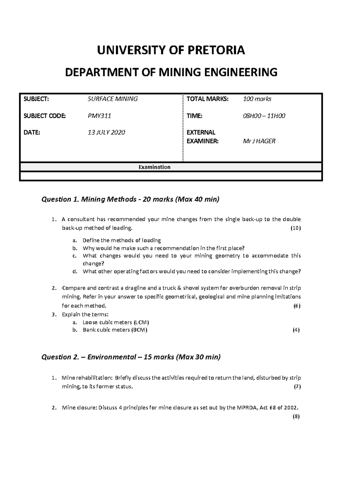 PMY311 Final Exam: Surface Mining Questions & Case Studies - Studocu