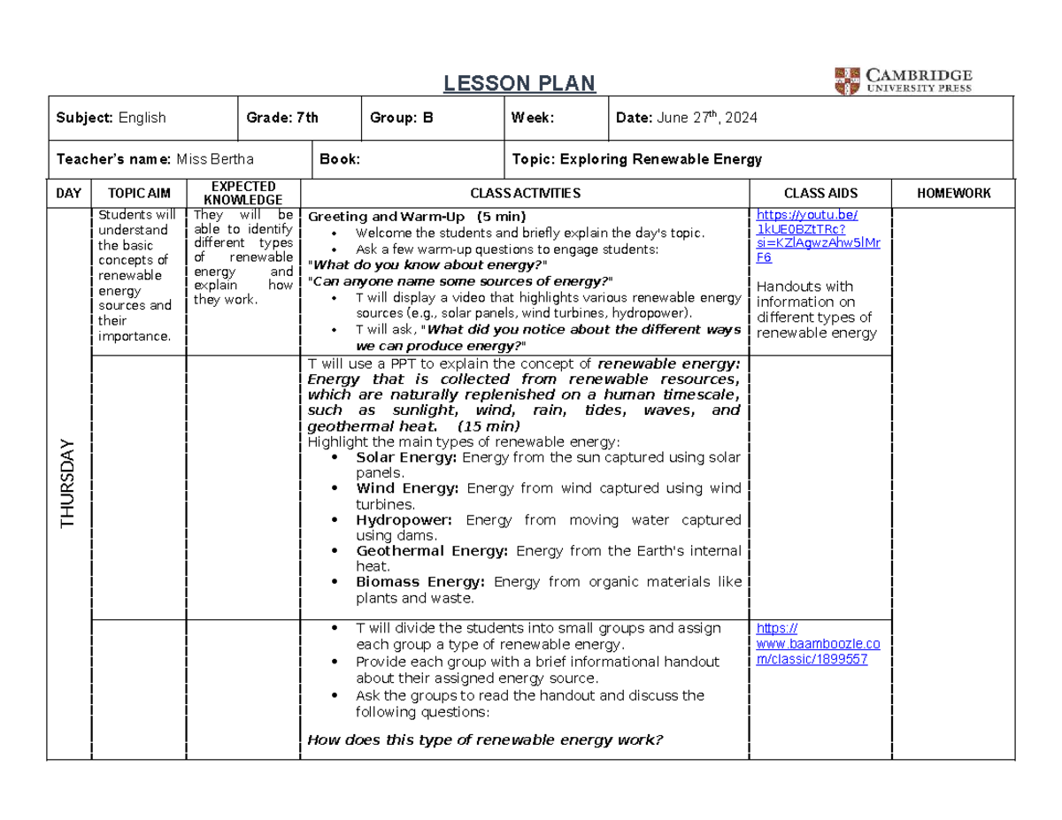 7th Grade English Lesson Plan: Exploring Renewable Energy - Studocu