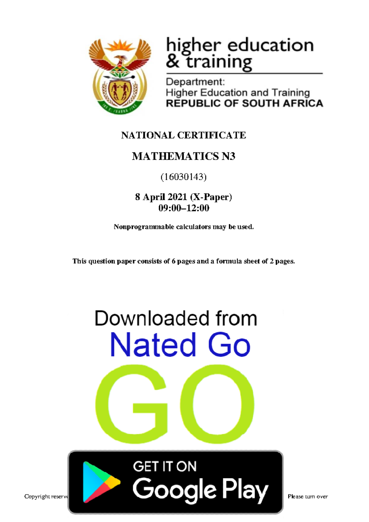 NATIONAL CERTIFICATE MATHEMATICS N3 FINAL EXAM (16030143) 2021 - Studocu