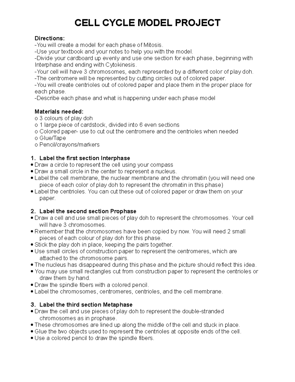 CELL Cycle Model Project - Mitosis Phases Guide & Instructions - Studocu