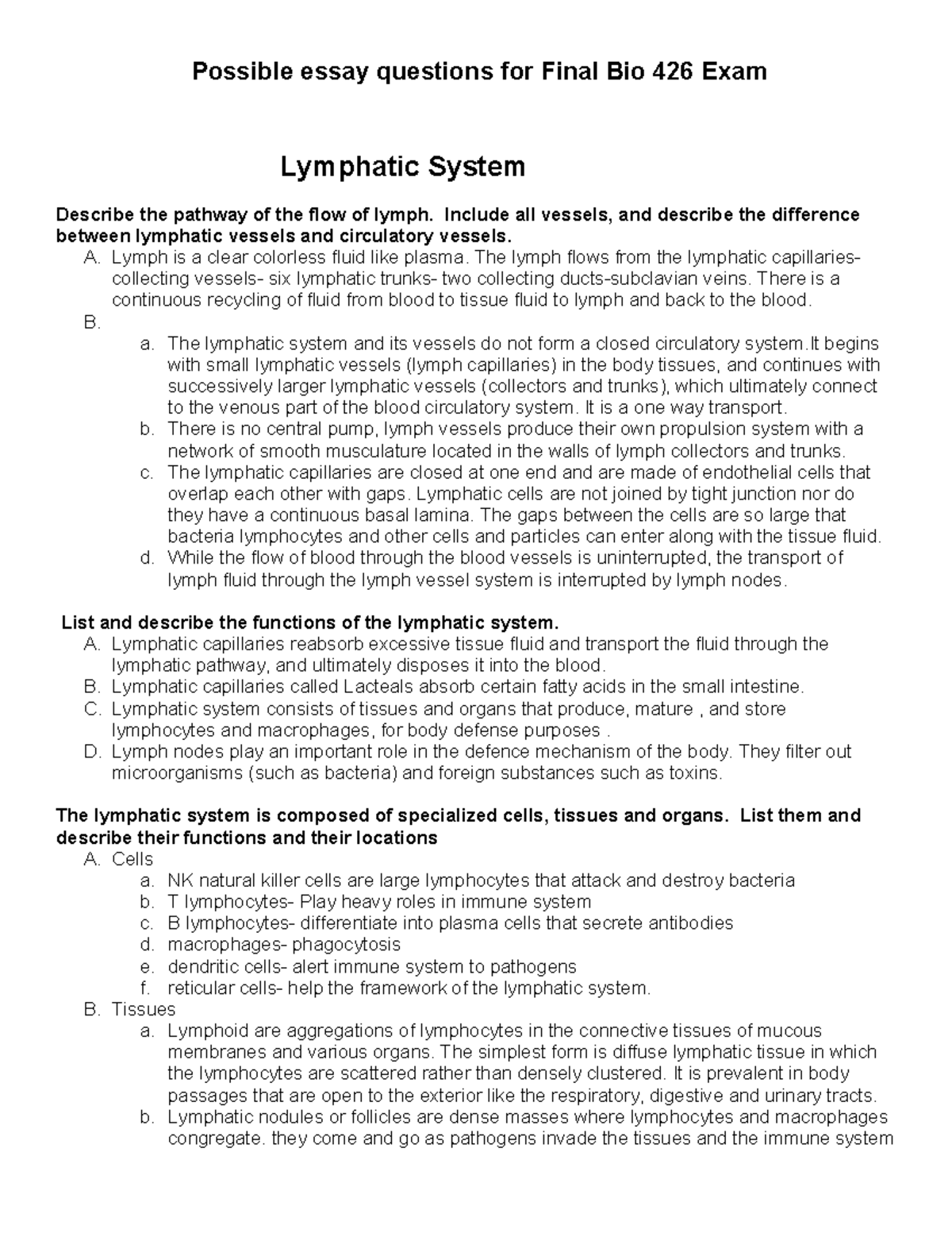 2Possible essay questions for Final Bio 426 Exam1 - Include all vessels ...