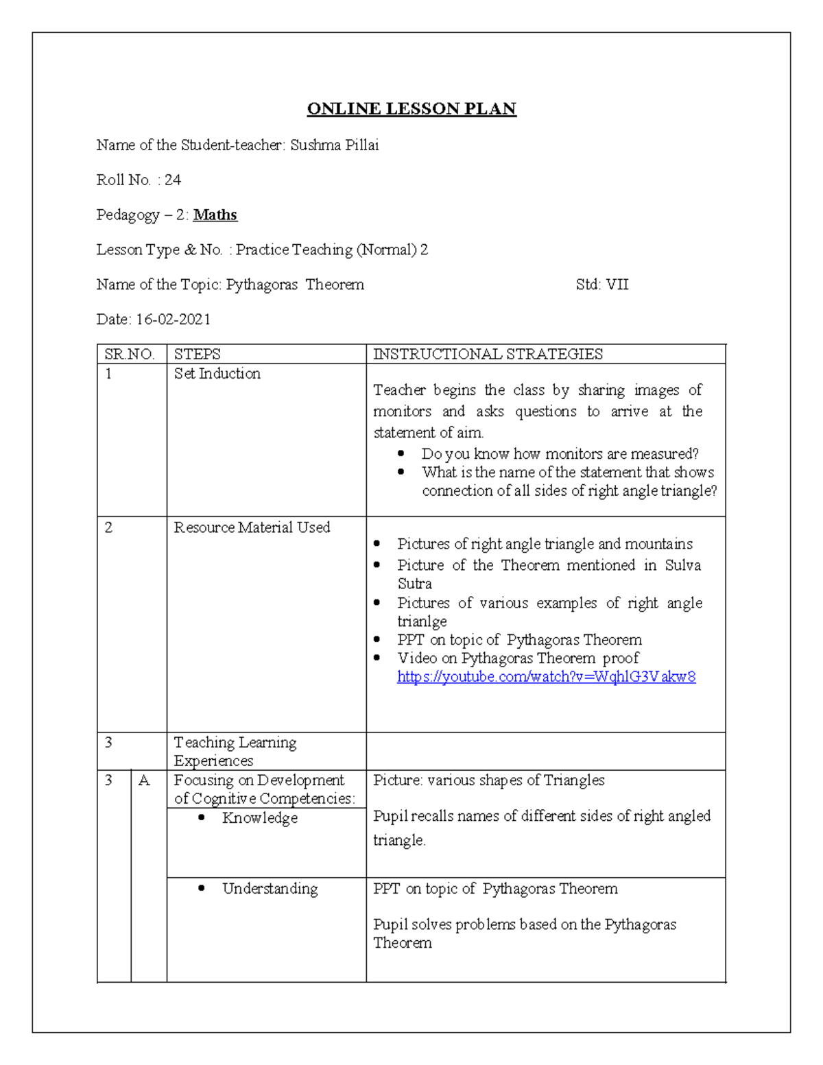 Online Lesson Plan: Pythagoras Theorem (Pedagogy 2) - Studocu