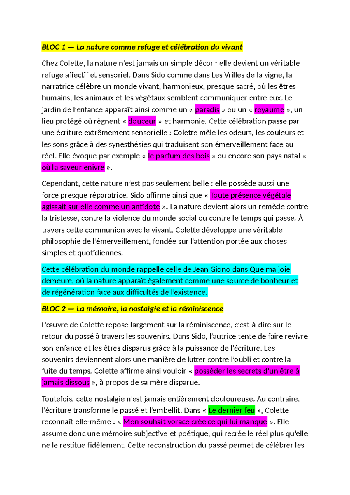 BLOC 1-6 Colette : Nature, Mémoire et Écriture - Dissertation Bac - Studocu