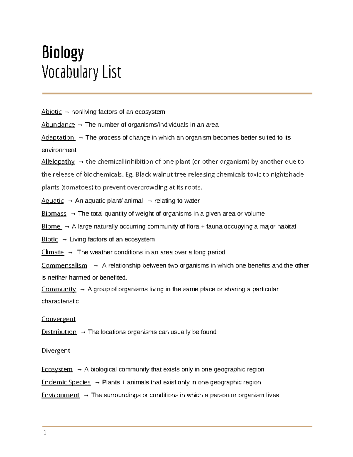 Biology Vocabulary List: Key Terms and Definitions for Study - Studocu