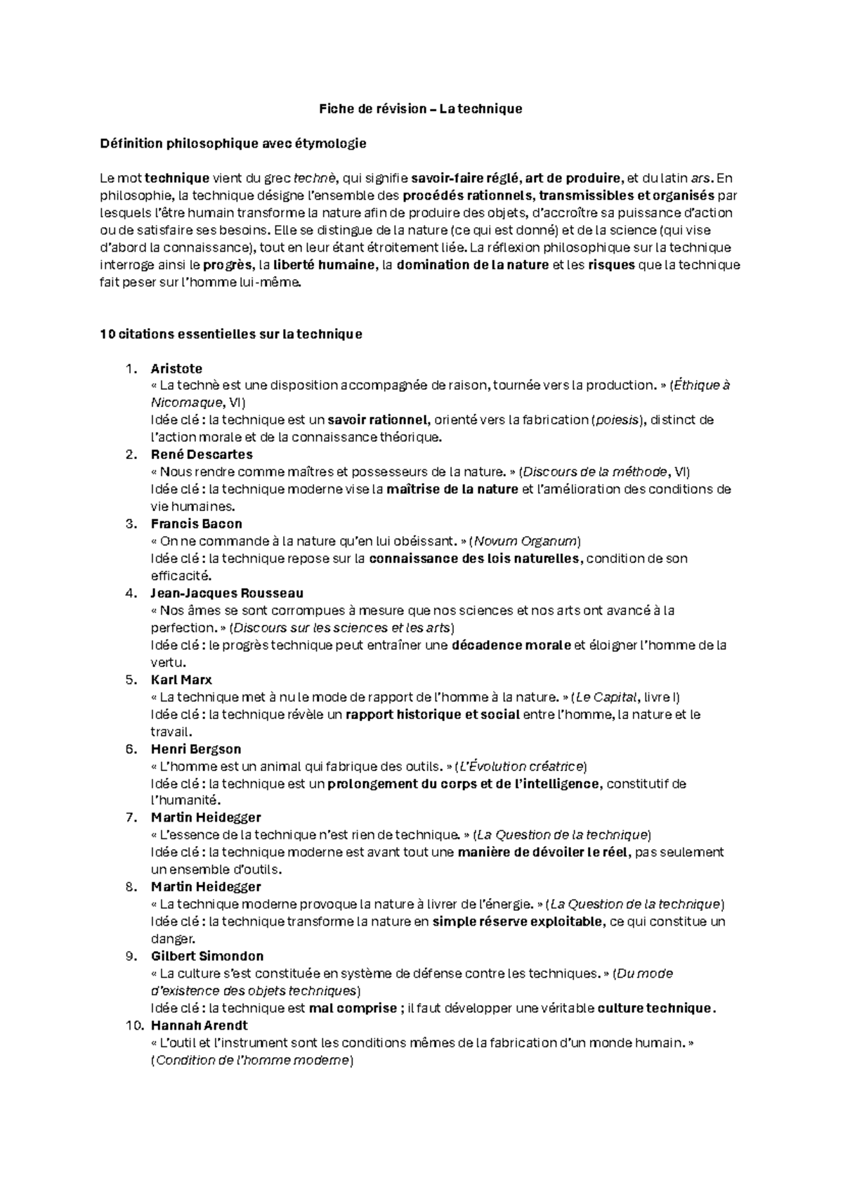 Fiche de révision : Définition philosophique de la technique - Studocu