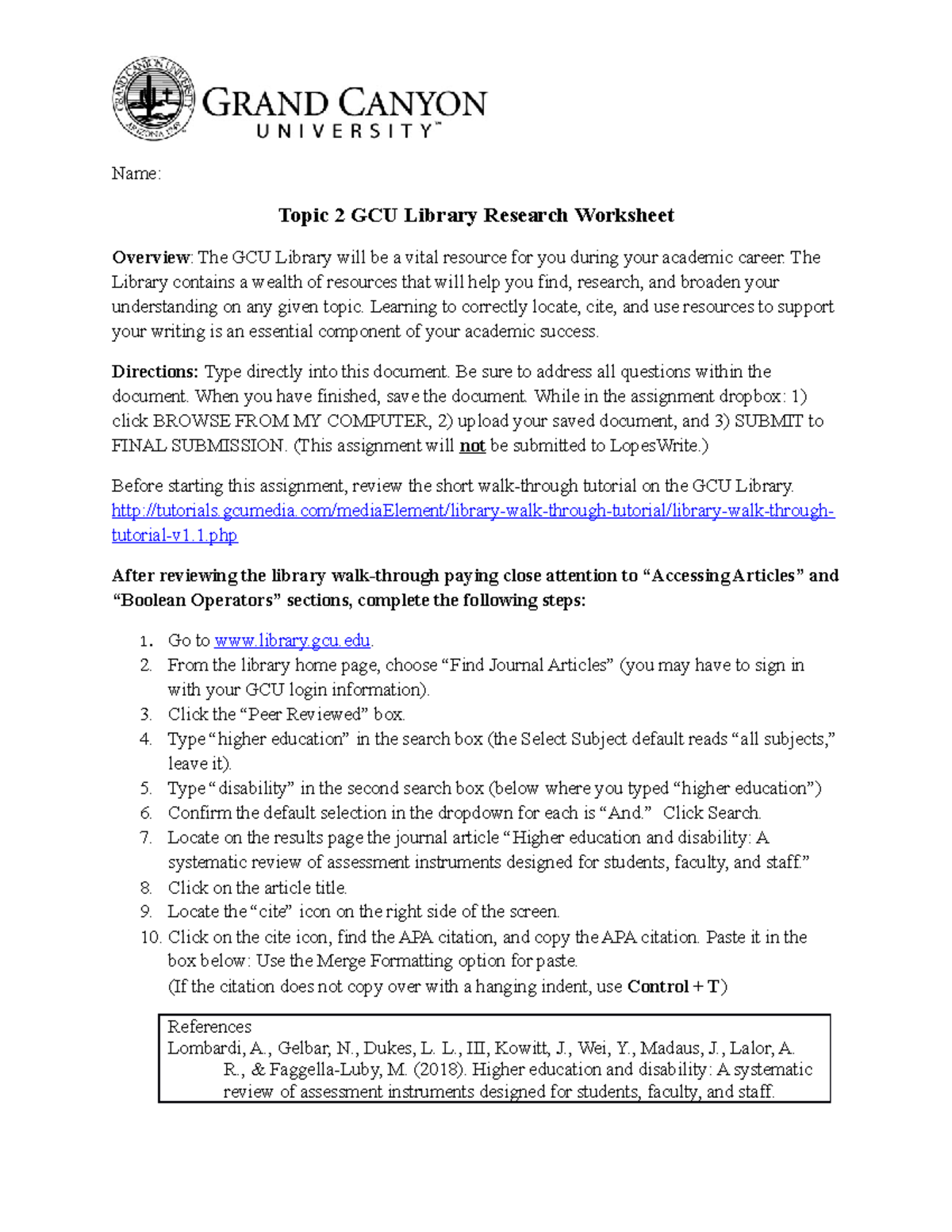 UNV103 T2 Library Research Assignment and APA Citation Guide - Studocu