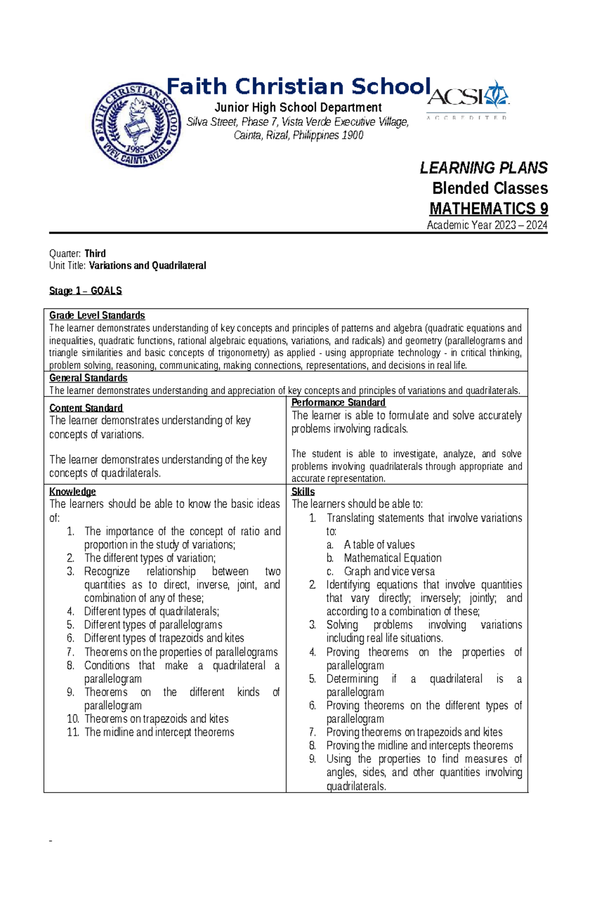 Grade 9 Math Lesson Plan: Variations & Quadrilaterals (Quarter 3) - Studocu