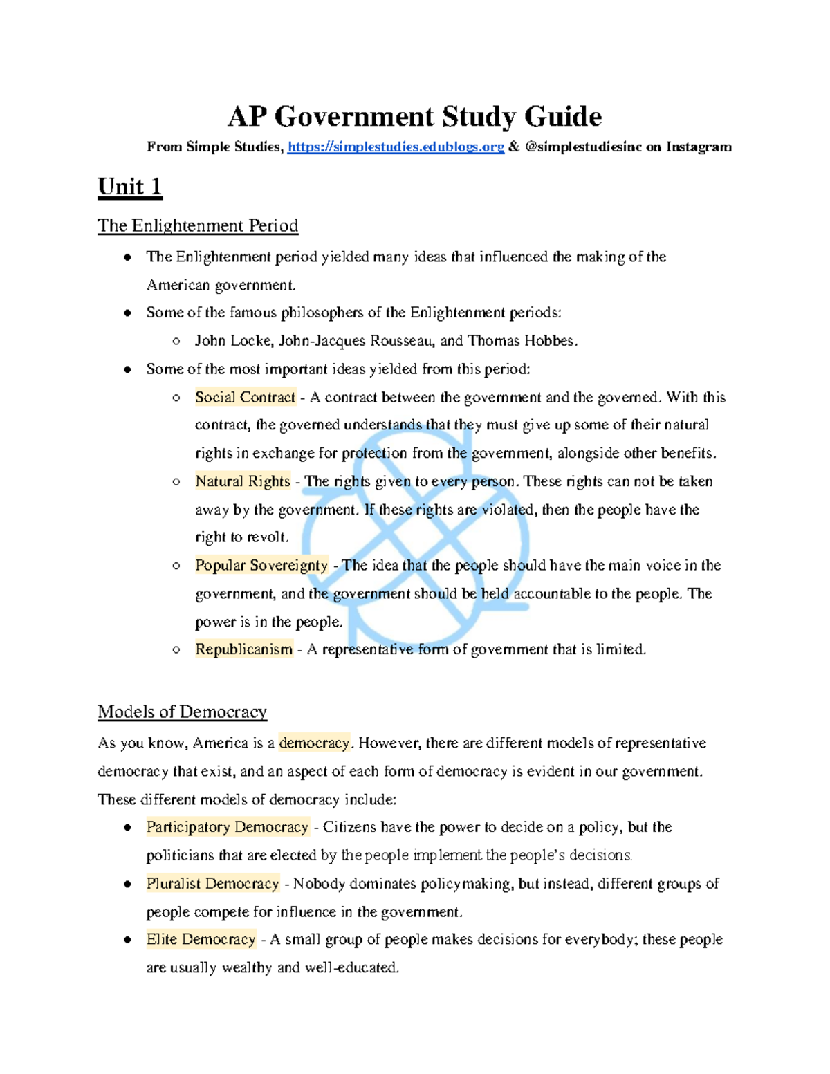 SS AP US Gov - Comprehensive Study Guide for Unit 1 & 2 - Studocu