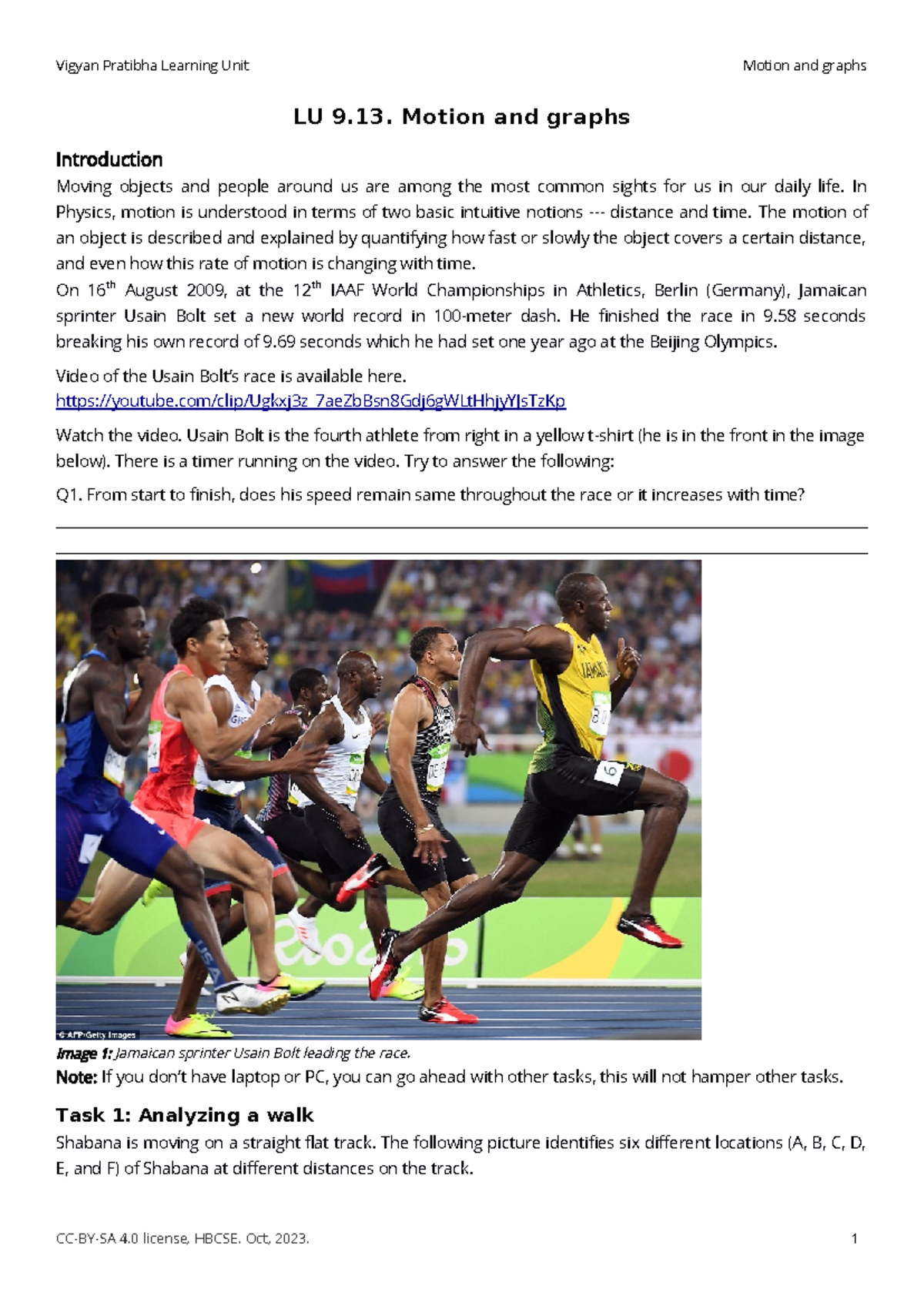 Lesson 3.1 Usain Bolt and Motion Graphs - LU 9. Motion and graphs Introduction Moving objects ...