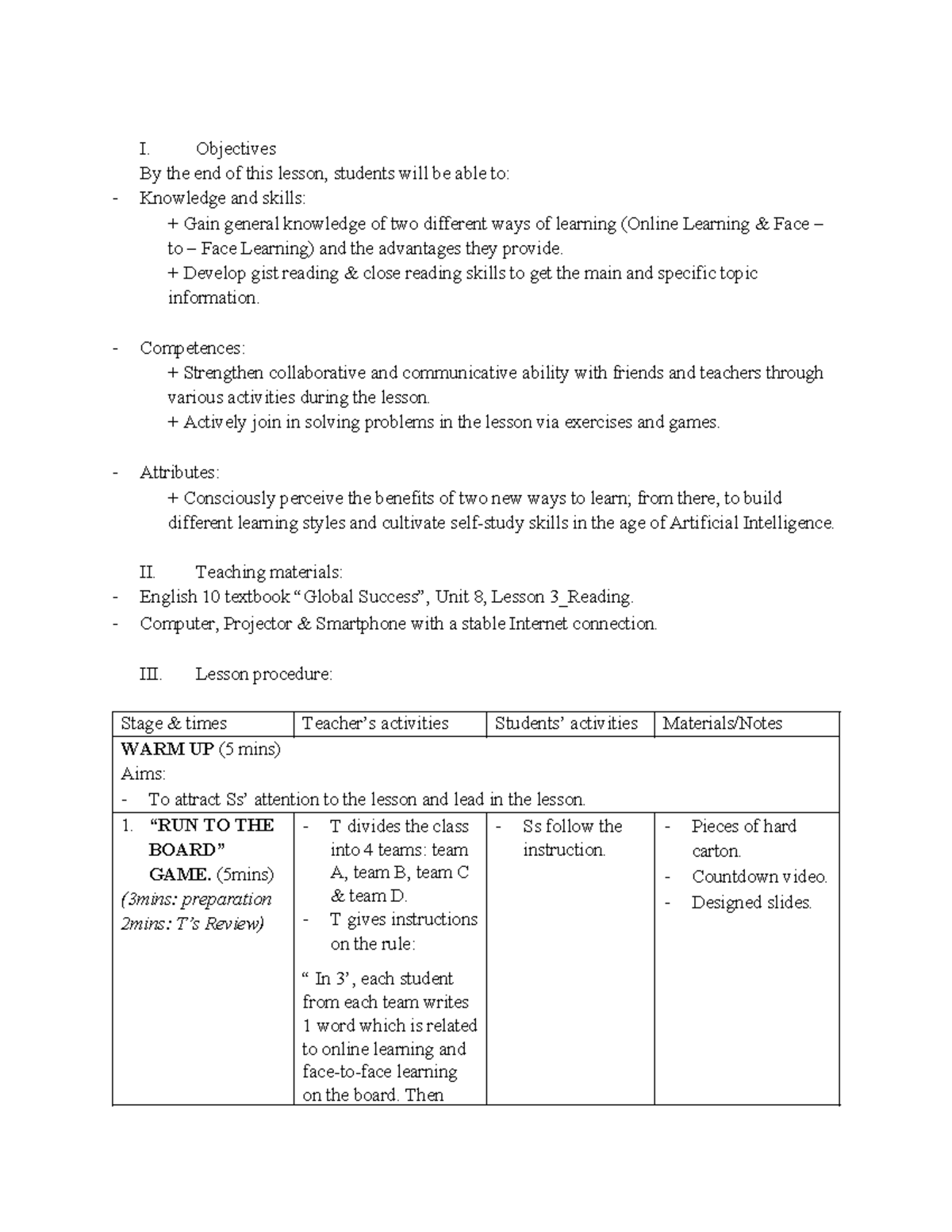 Lesson Plan: Exploring Online vs. Face-to-Face Learning (Eng 10) - Studocu