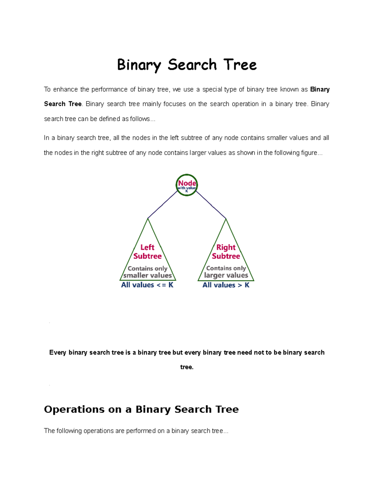 CS101: Binary Search Tree Overview and Operations Guide - Studocu
