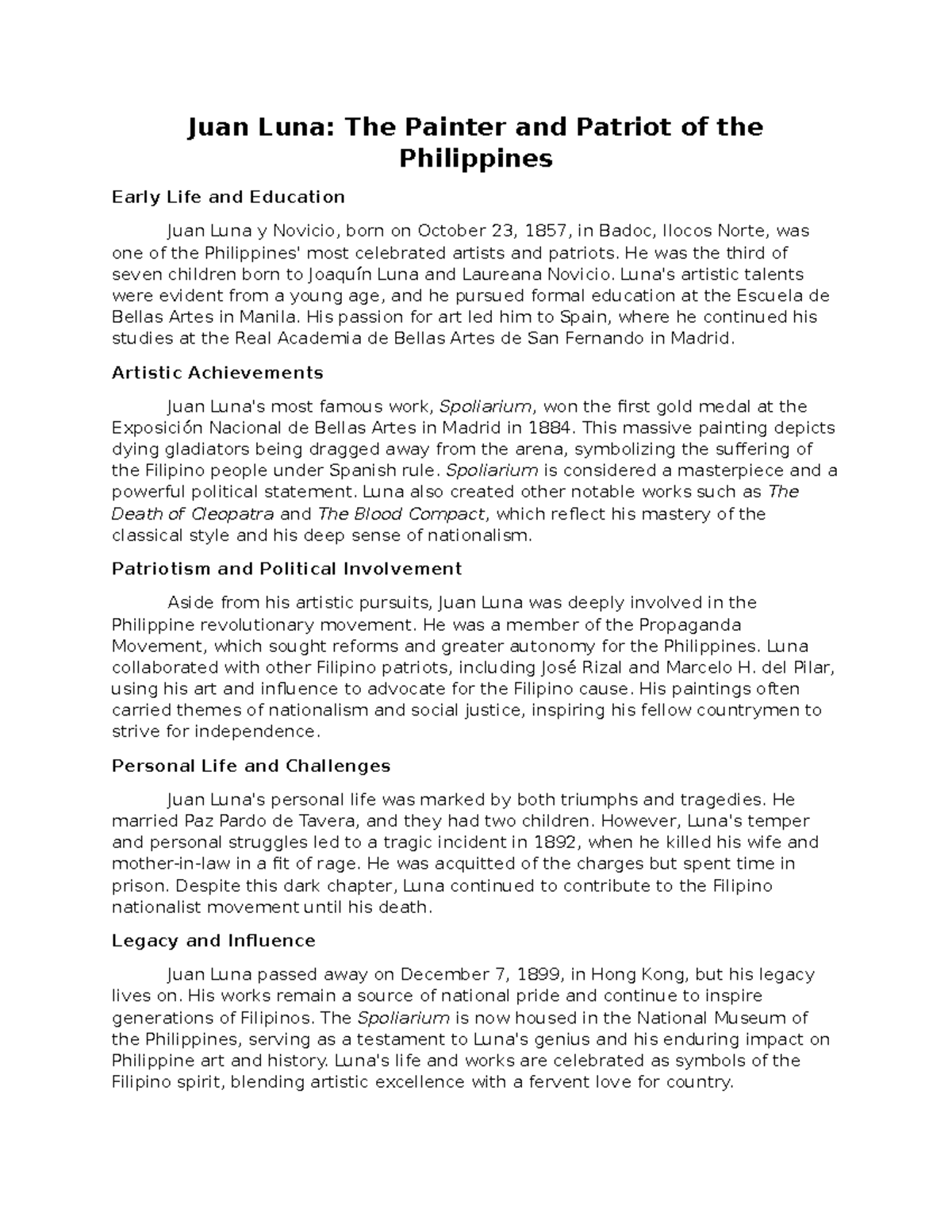 Juan Luna - An Essay on his Life, Art, and Patriotism - Studocu