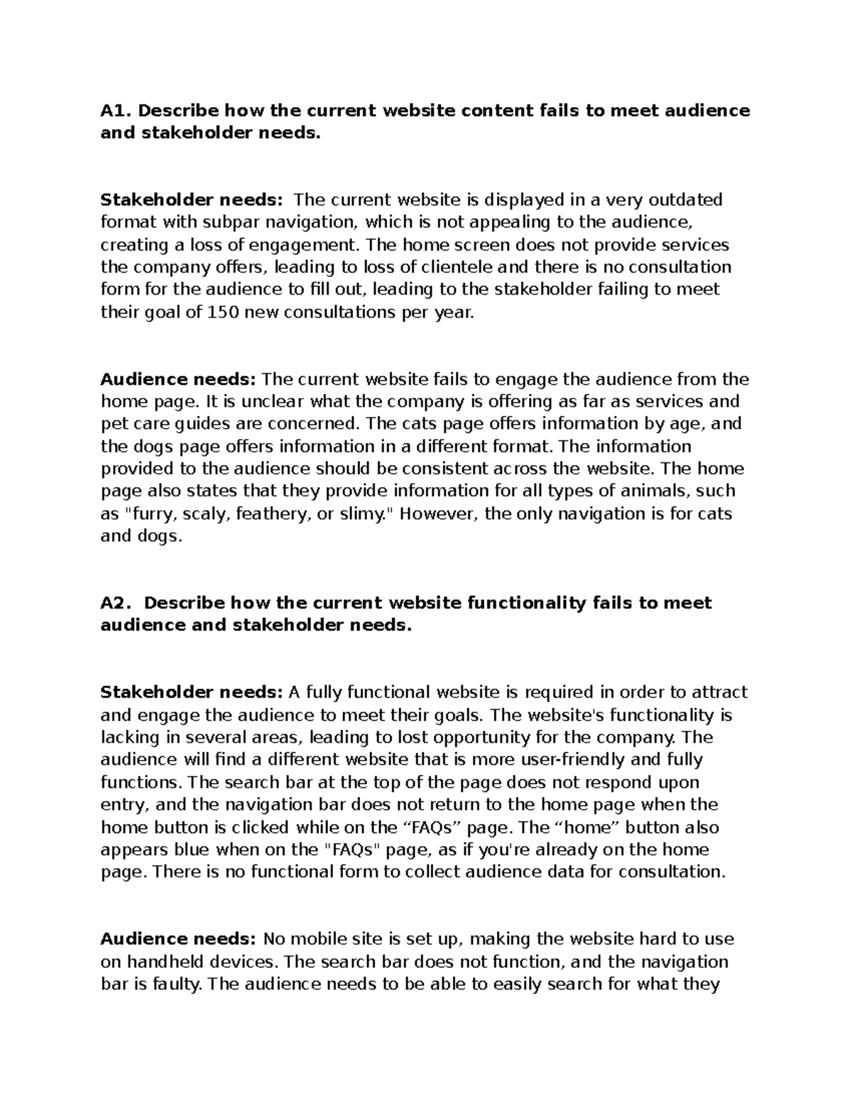 A1-A3 & B1-B6: Website Content & Functionality Analysis for Stakeholder ...