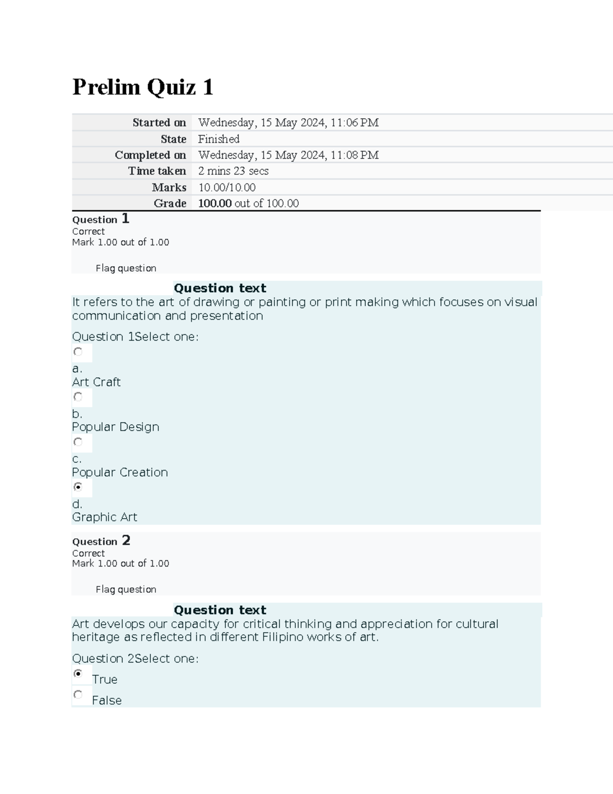 Prelim Art Appreciation - Prelim Quiz 1 Started on Wednesday, 15 May ...