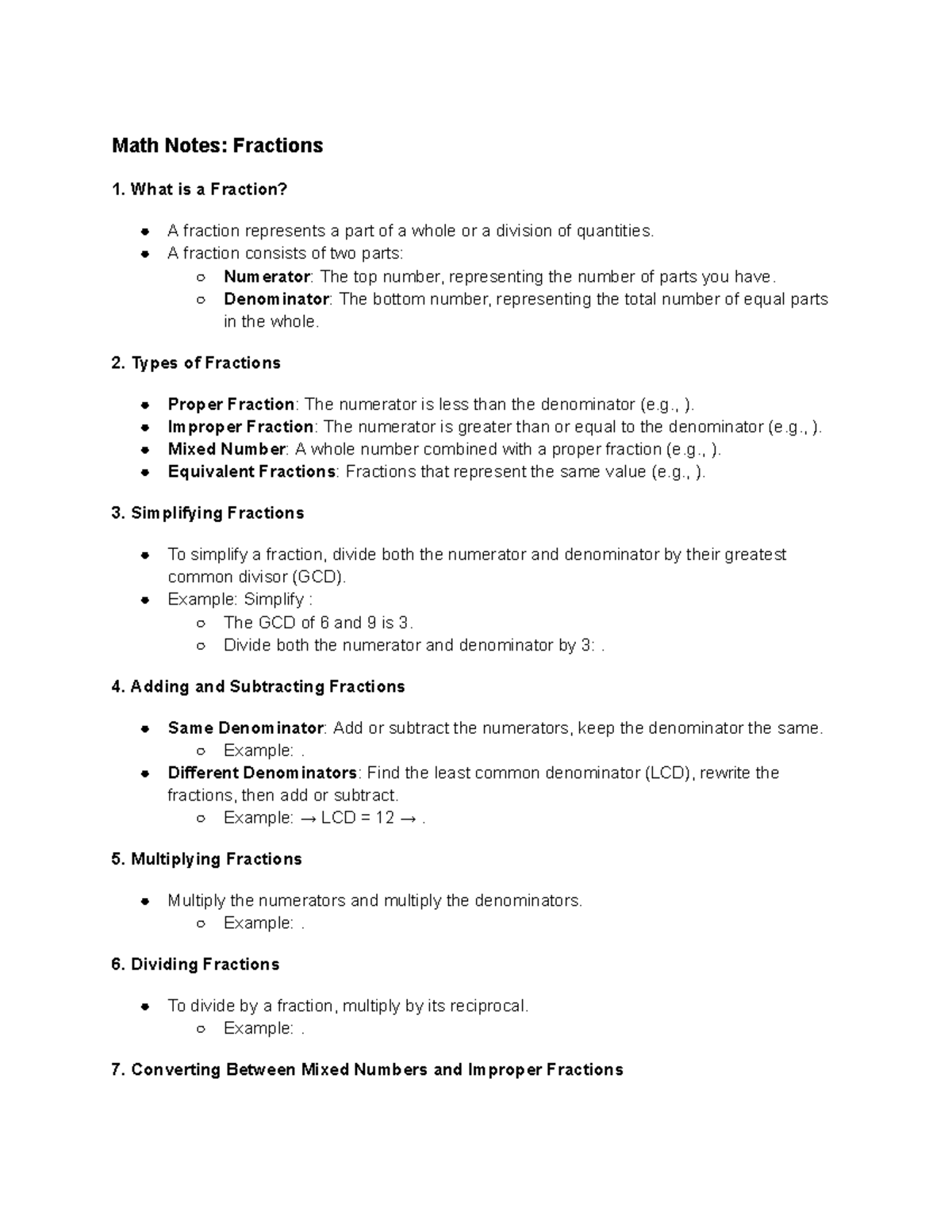 Math Notes: Fractions Overview and Operations - Studocu