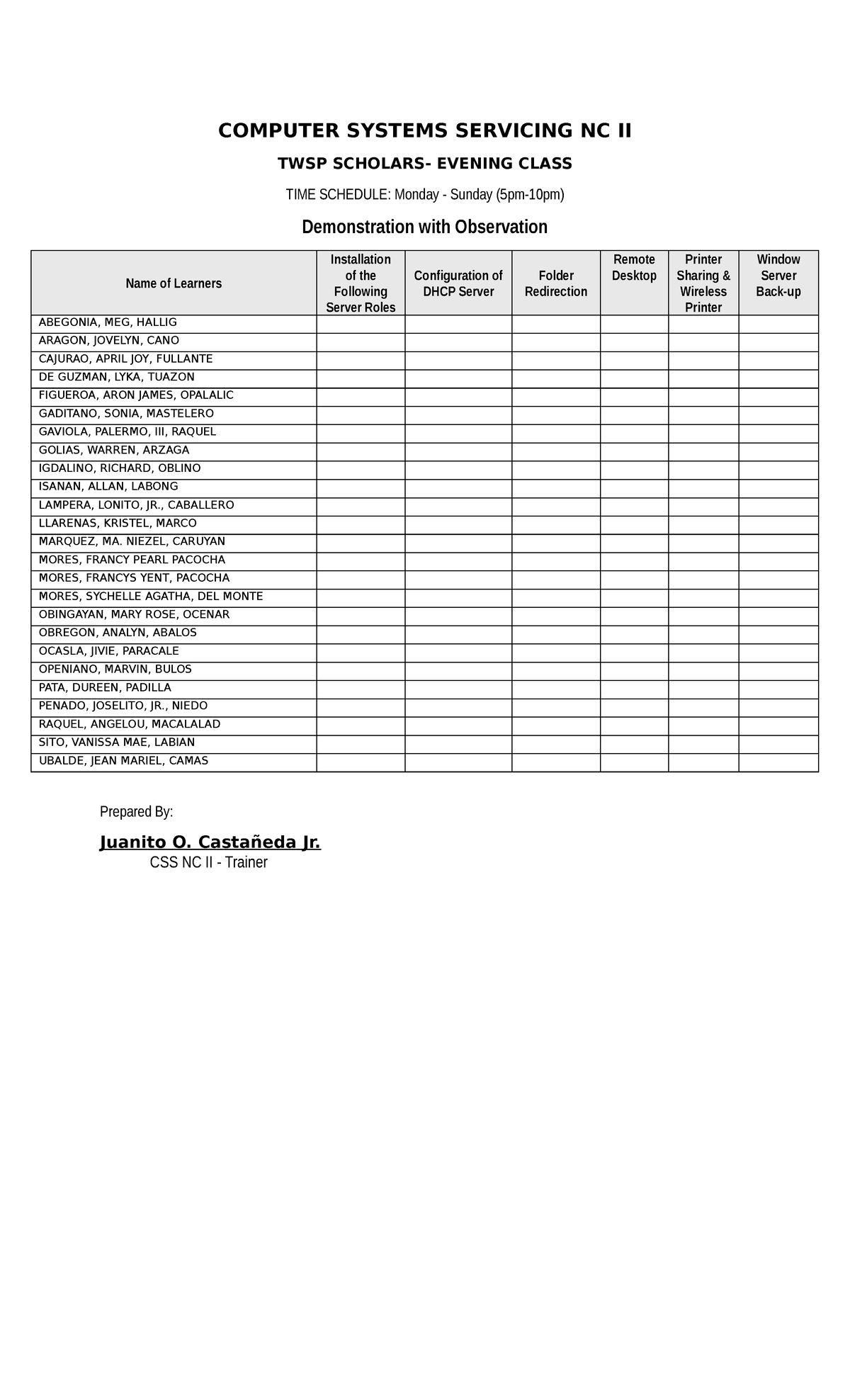 COMPUTER SYSTEMS SERVICING NC II Evening Class Demo Schedule - Studocu