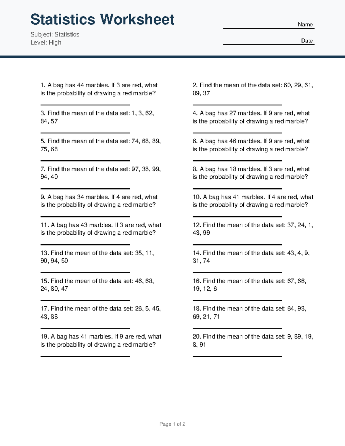 Statistics Worksheet 4: Probability & Mean Calculations - Studocu