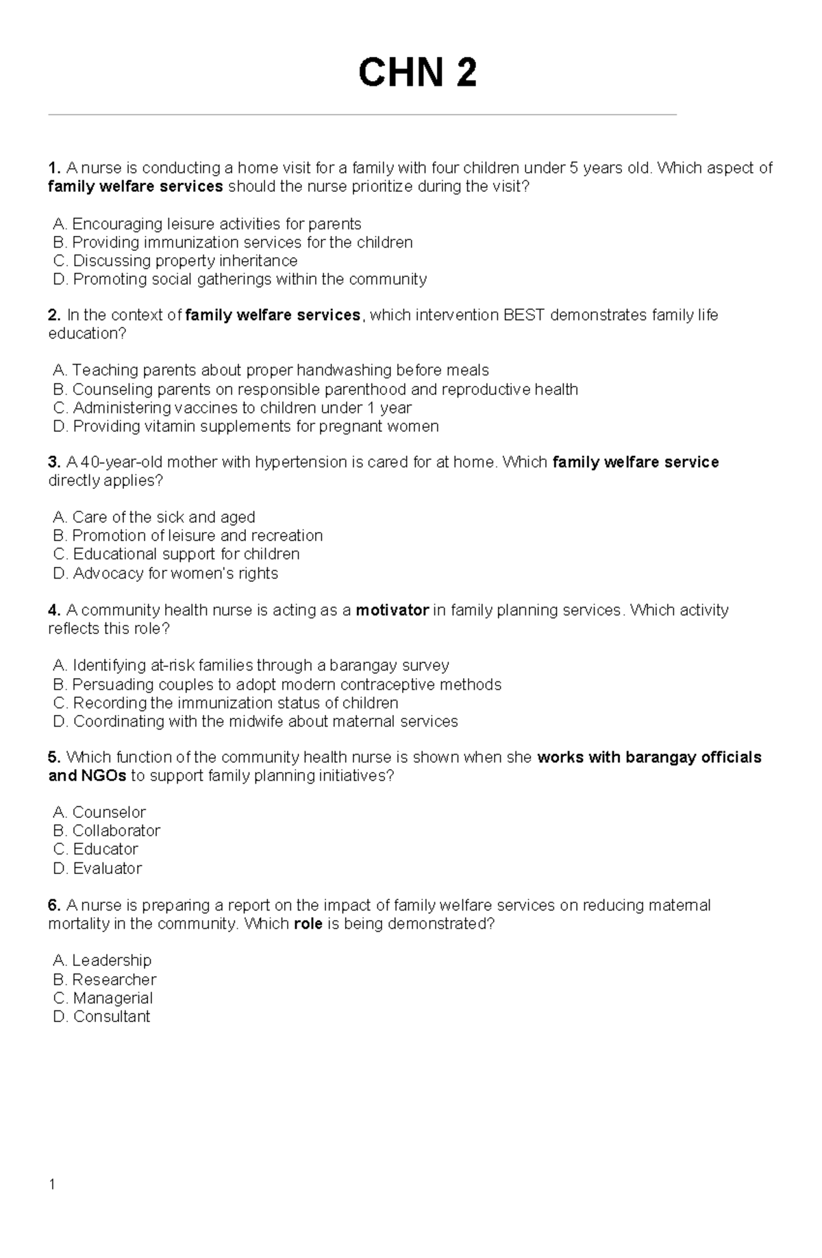 CHN 2 - Family Welfare Services and Community Health Nursing Insights ...