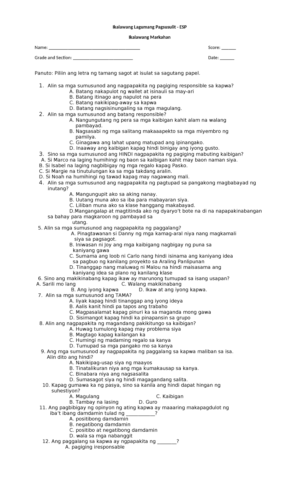 ST2 Q2 Mapeh ESP - Ikalawang Lagumang Pagsusulit - Studocu