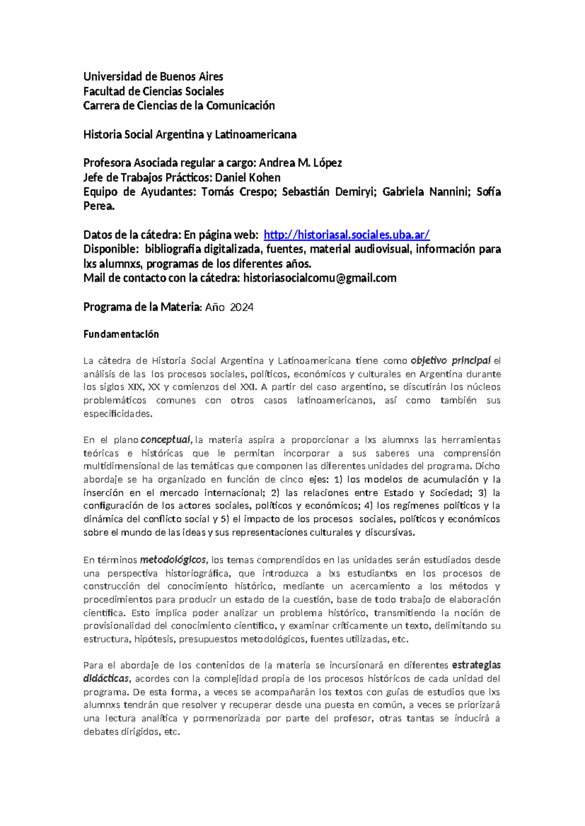 Historia Social Argentina y Latinoamericana - Programa 2024 - Studocu