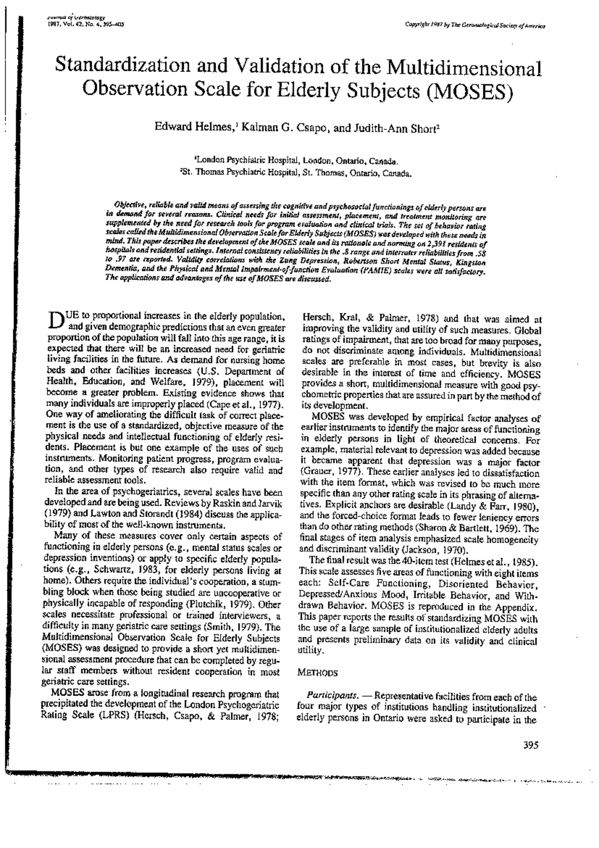 MOSES 1987: Standardization & Validation of the Multidimensional ...