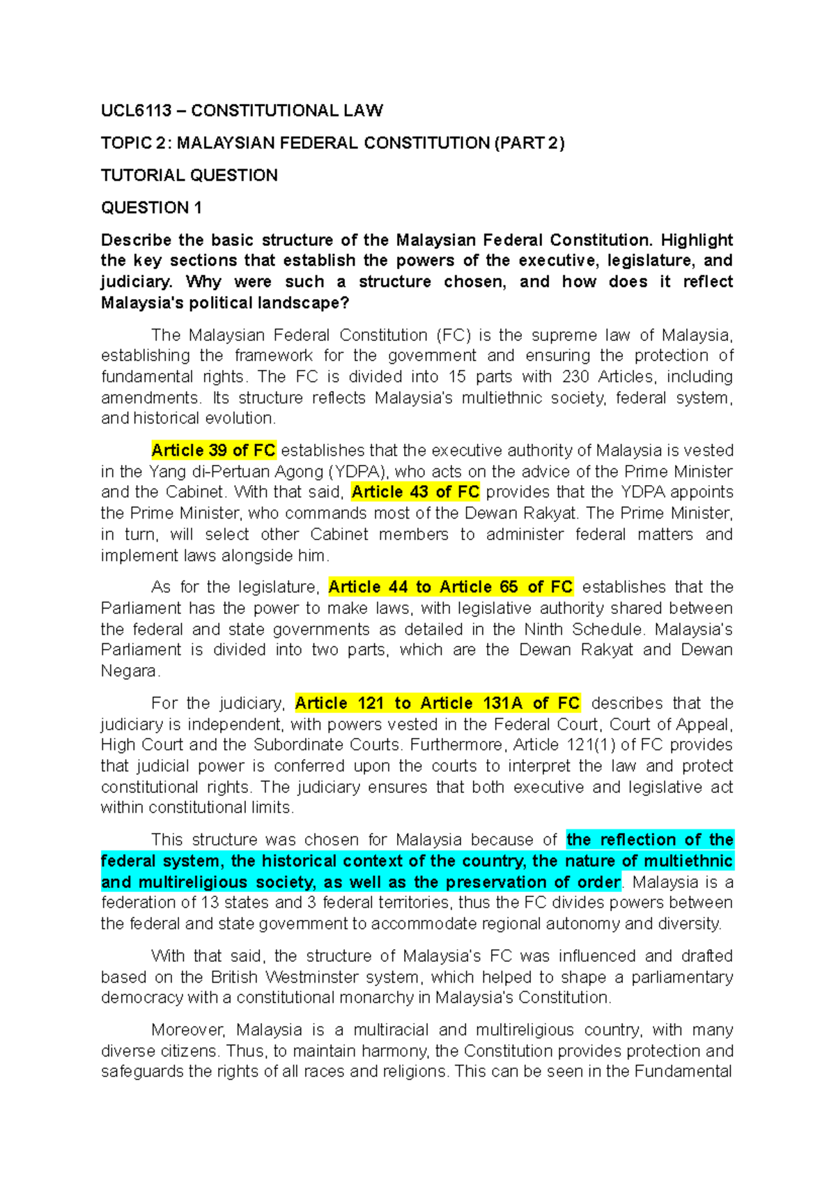 UCL6113 Tutorial Topic 2: Malaysian Federal Constitution Overview ...