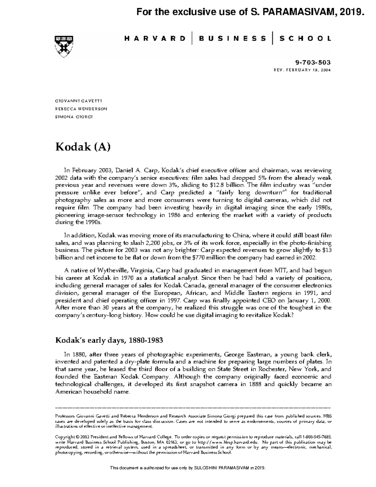 Kodak (A) Case Study: Navigating the Digital Transition in 2003 - Studocu