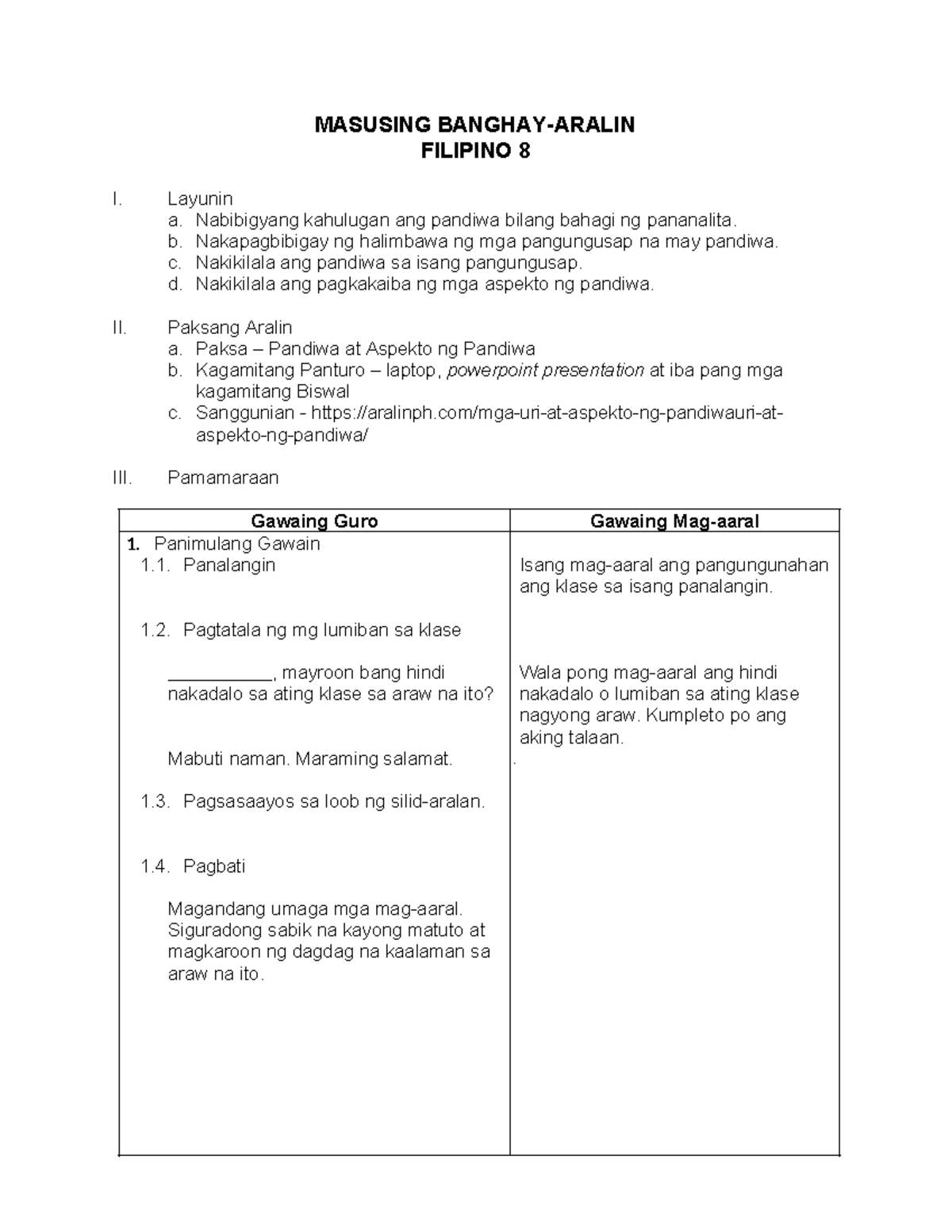 Aspekto ng Pandiwa - Filipino 8 Lesson Plan - Studocu