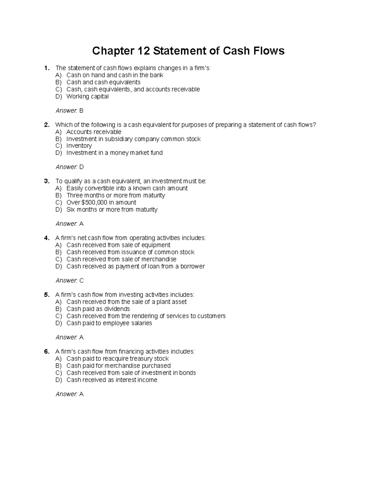 Chapter 12 Quiz: Analyzing Cash Flow Statement Essentials - Studocu