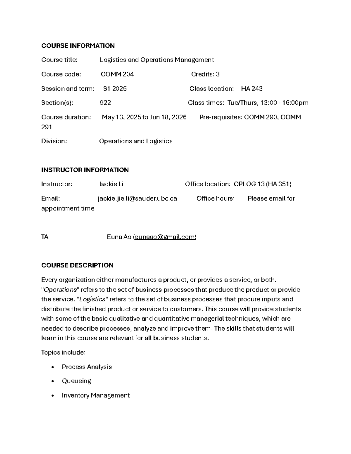 COMM 204 Course Outline: Logistics & Operations Management S1 2025 ...