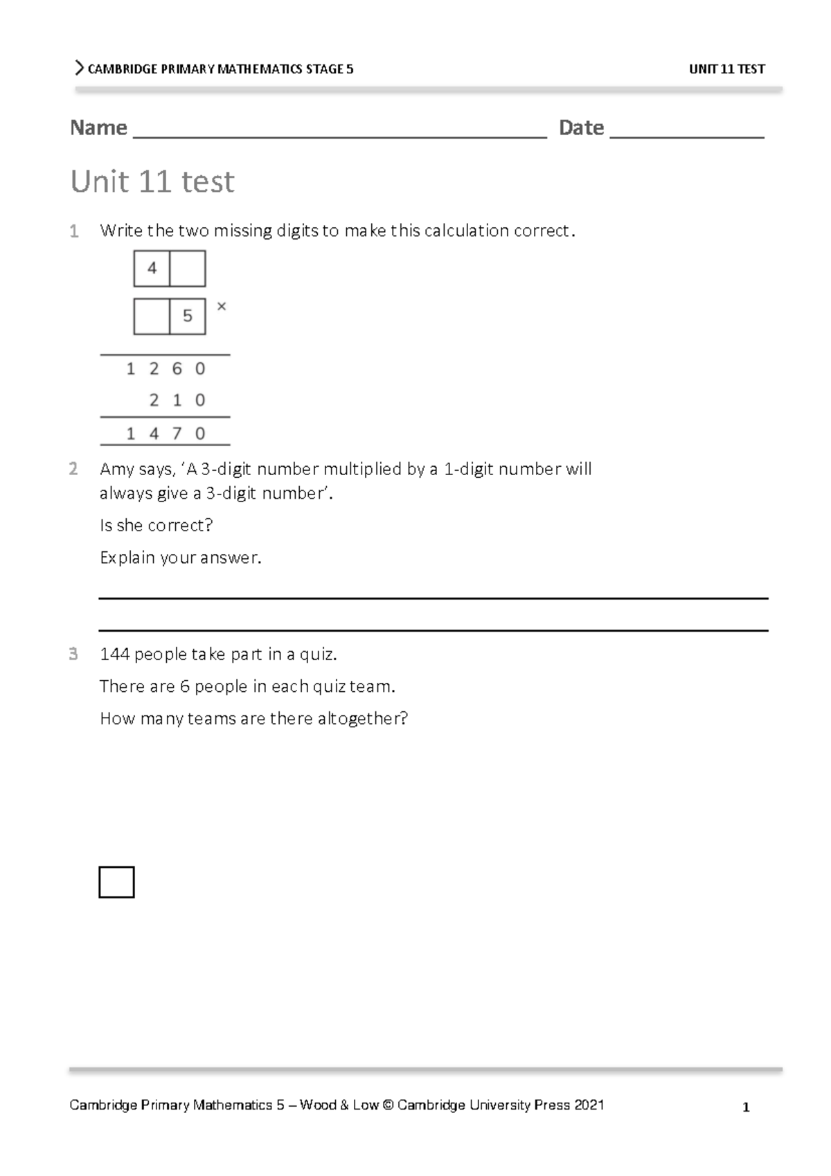 Prim Maths 5 Unit 11 Test - Cambridge Primary Mathematics - Studocu