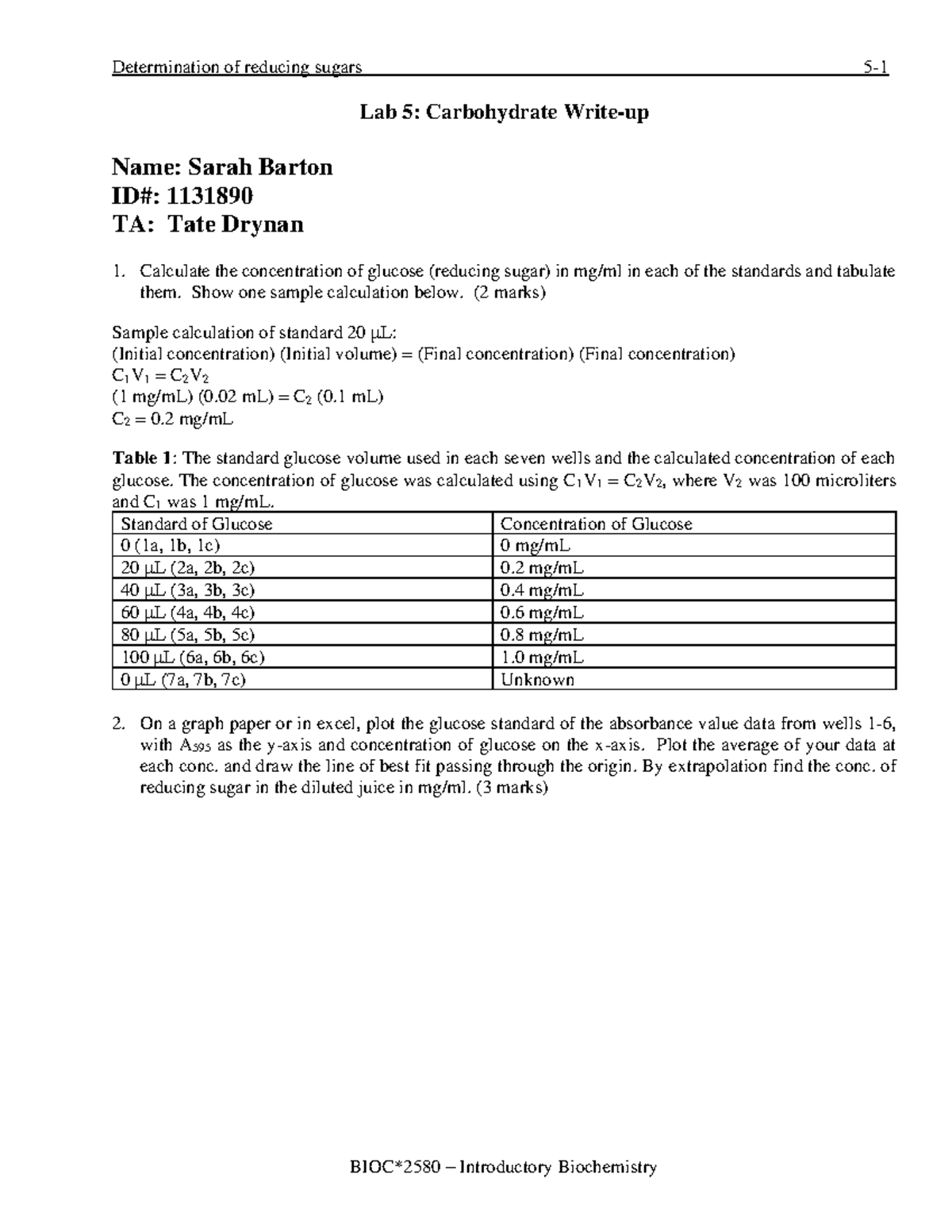 BIOC2580 Carbohydrate Lab Write-Up: Reducing Sugars Analysis - Studocu