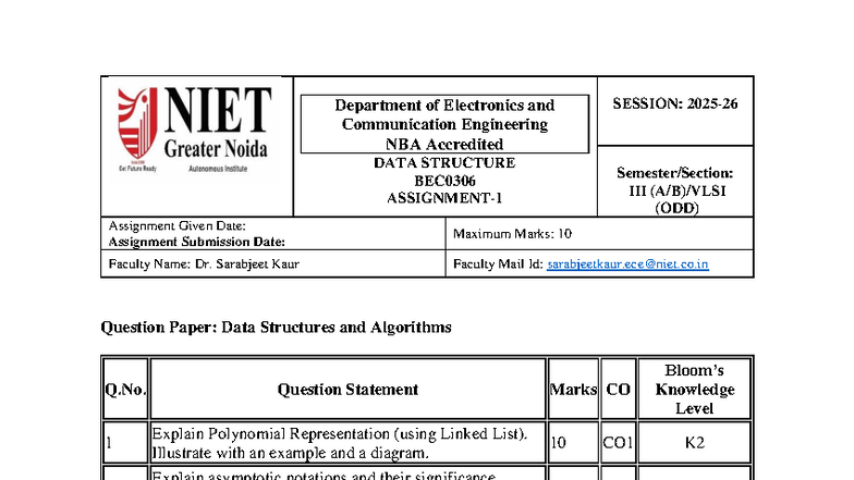BEC0306 Data Structures Assignment 1 - Key Concepts and Solutions - Studocu