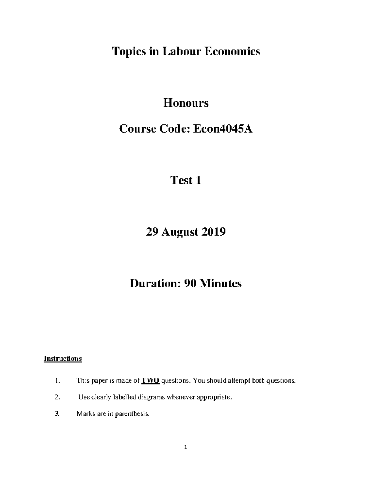 Econ4045A Labour Economics Test 1 - 29 Aug 2019 - Studocu