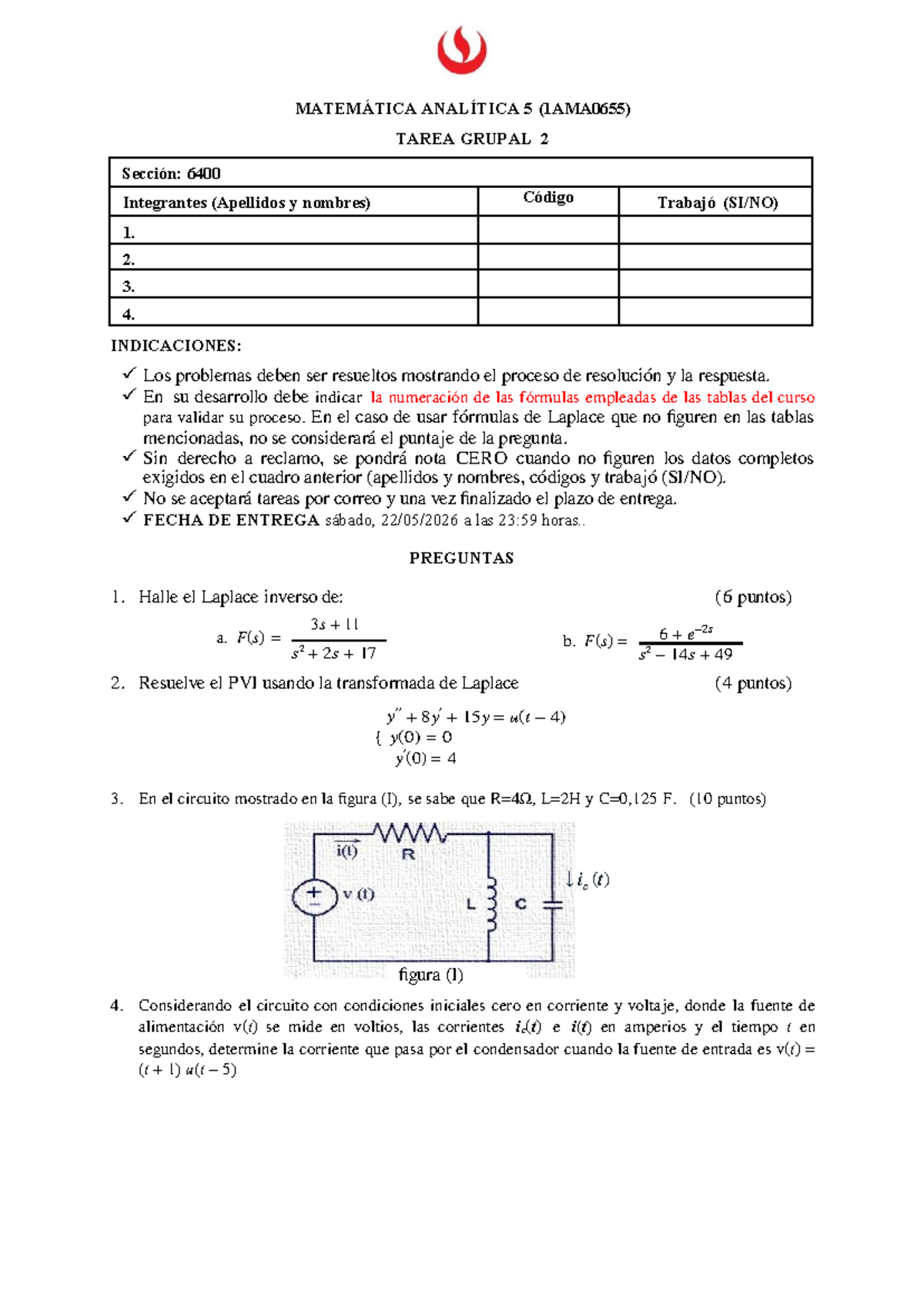 MATEMÁTICA ANALÍTICA 5 (1AMA0655) TAREA GRUPAL 2 - SECCIÓN 6400 - Studocu