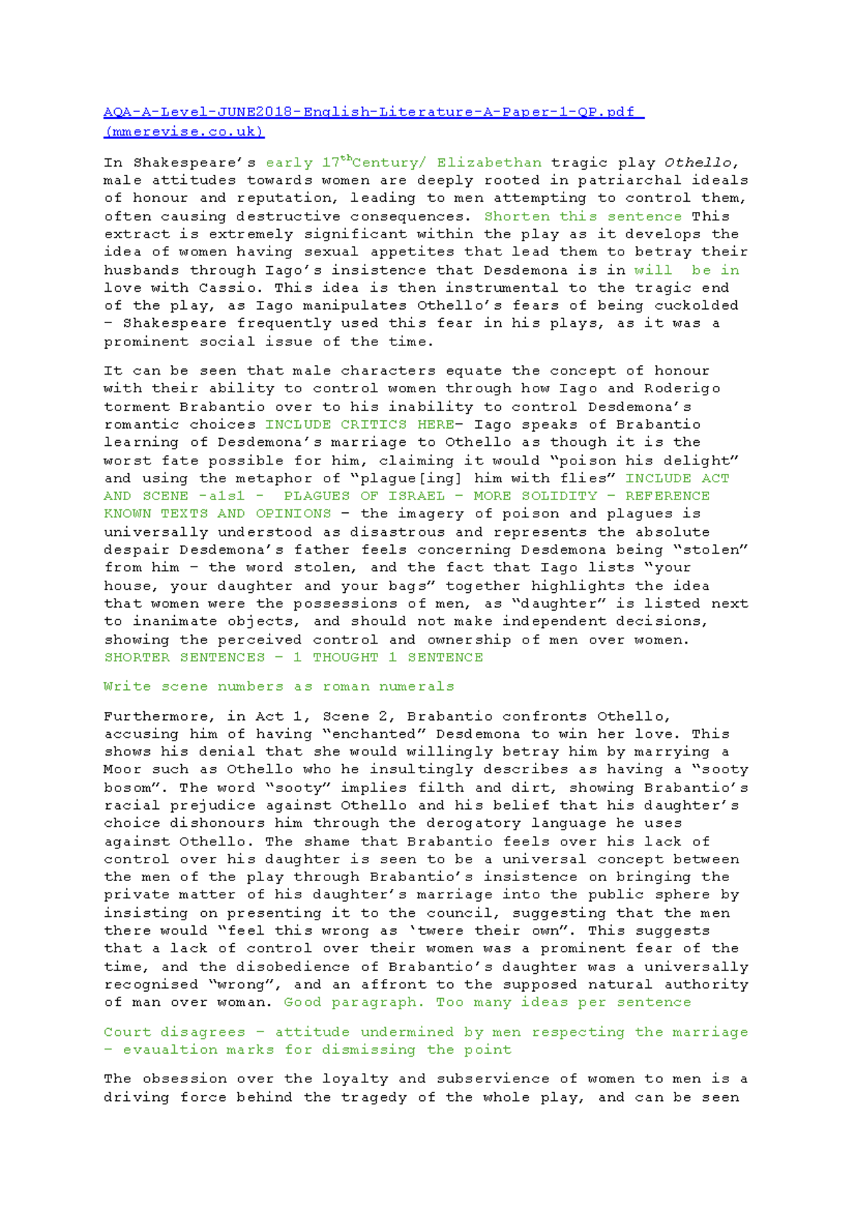 Attitudes Towards Women in Othello: Analyzing Patriarchal Control - Studocu