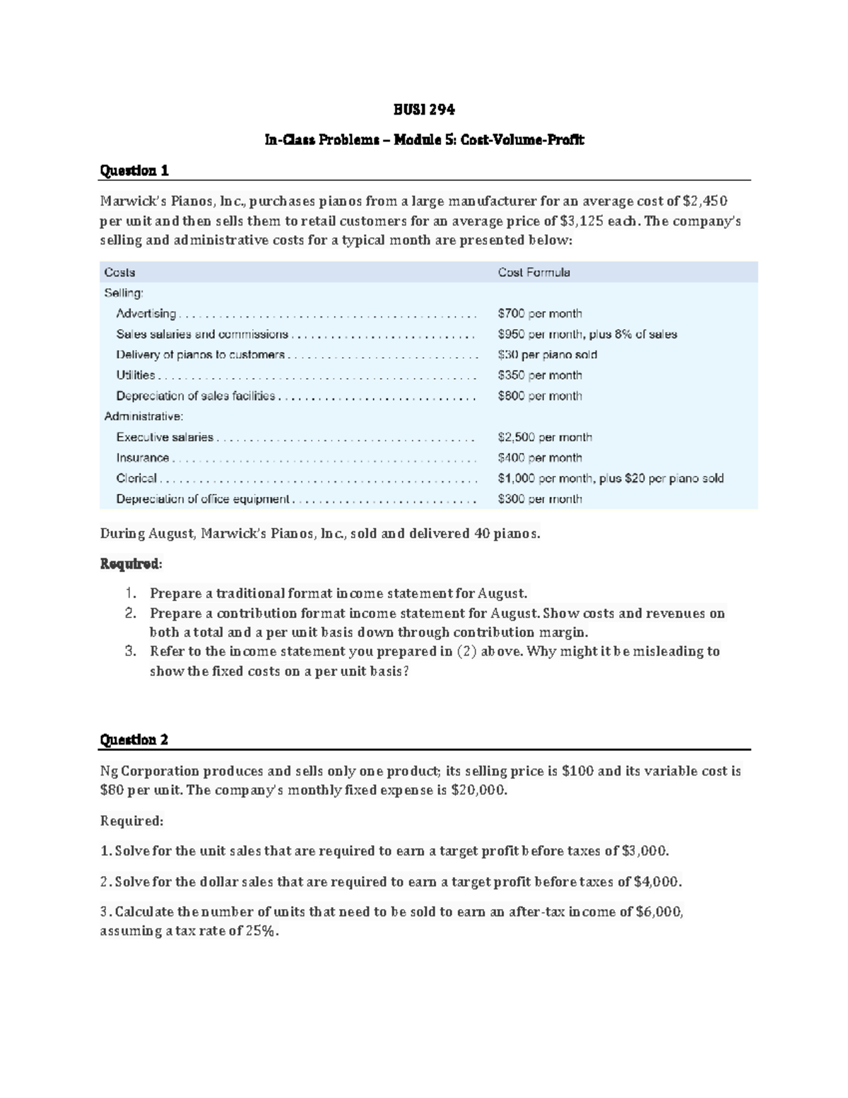 BUSI 294 Module 5: CVP In-Class Problems and Solutions - Studocu