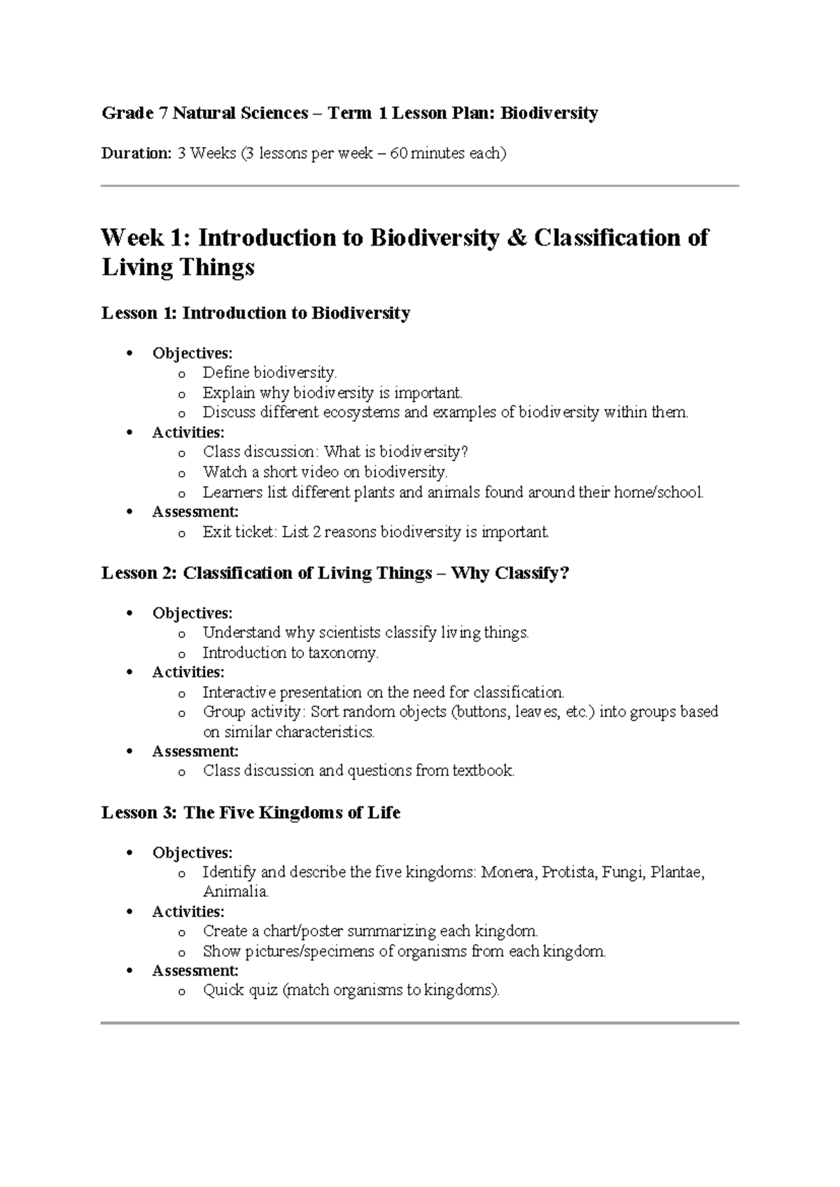 Grade 7 NS Term 1 Lesson Plan: Exploring Biodiversity (3 Weeks) - Studocu