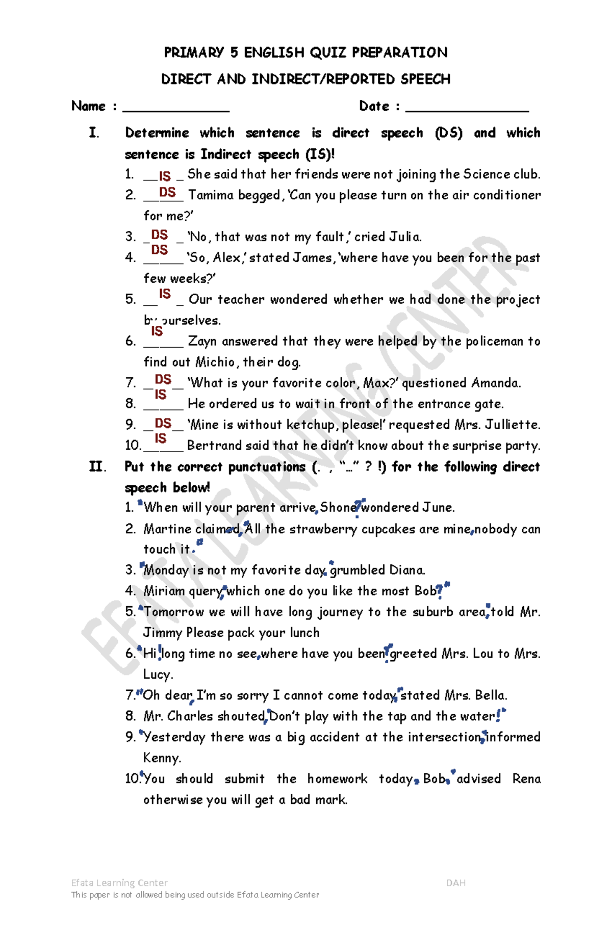 KA Primary 5 English Direct and Indirect Speech Quiz Revision - Studocu