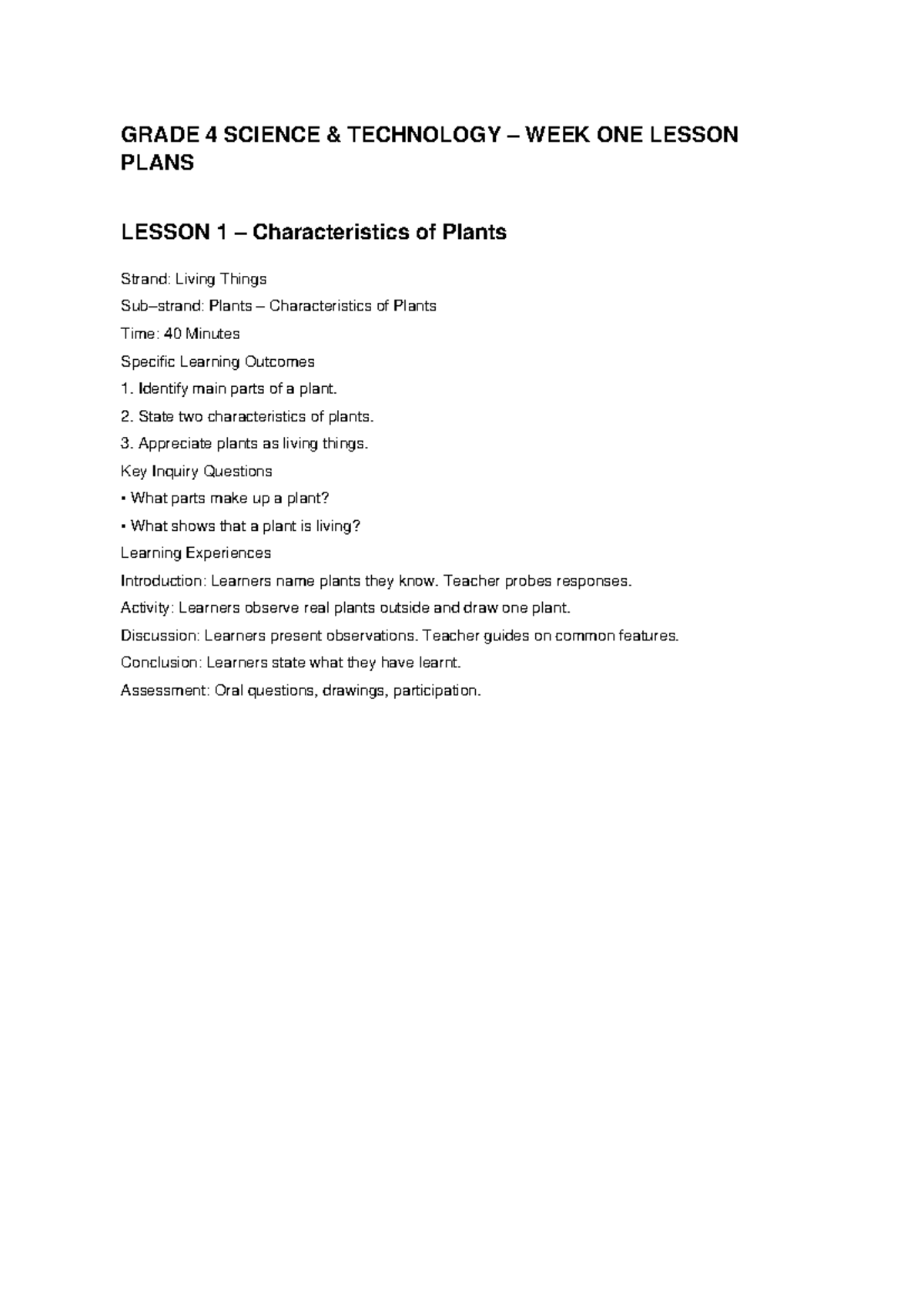 GRADE 4 SCIENCE WEEK 1 LESSON PLANS: PLANT CHARACTERISTICS & CARE - Studocu
