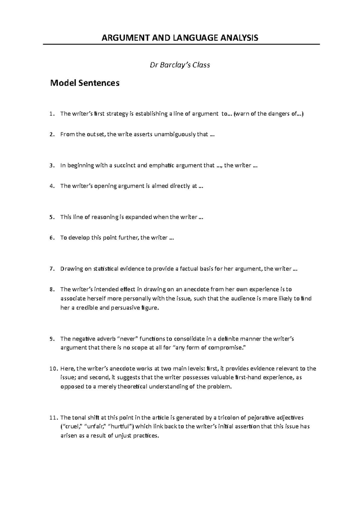 Argument & Language Analysis: Model Sentences in Dr Barclay's Class ...