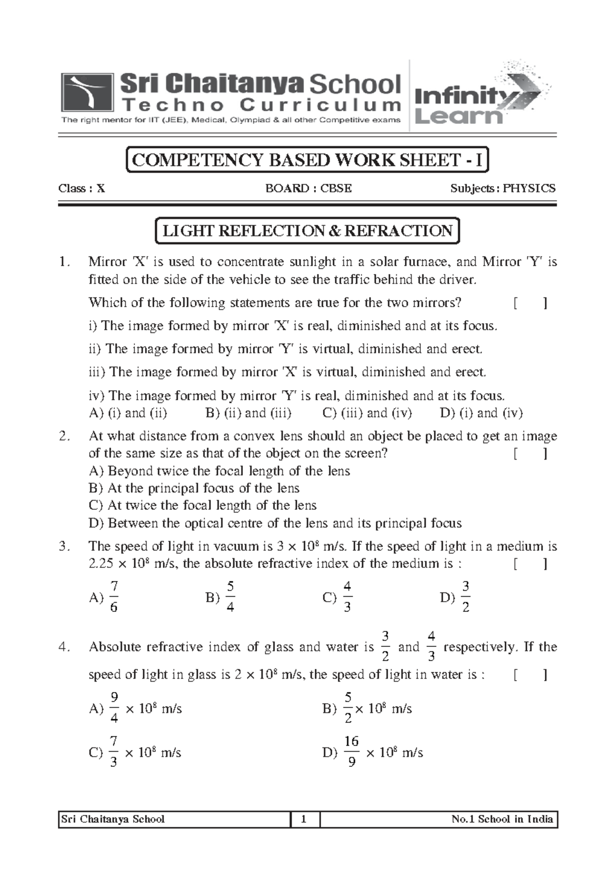 X CBSE Physics Competency Based Worksheet I: Light Reflection ...