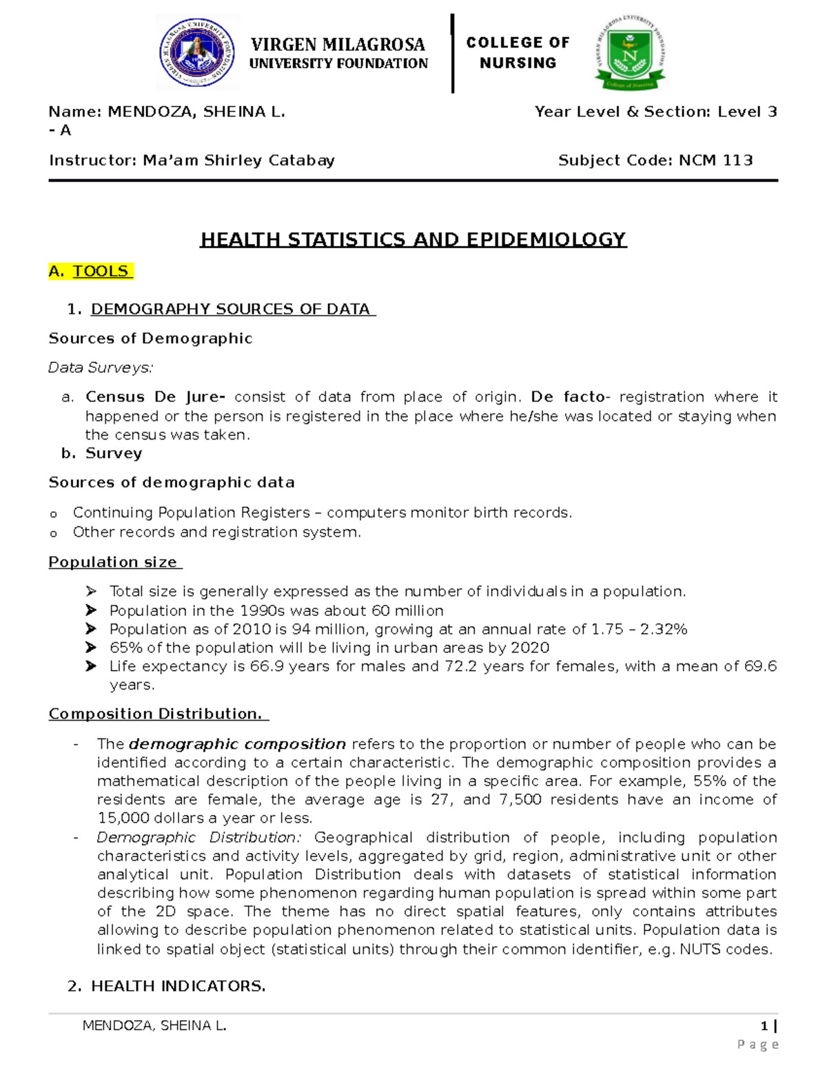 NCM 113 Health Statistics and Epidemiology - Activity 1 Report - Studocu
