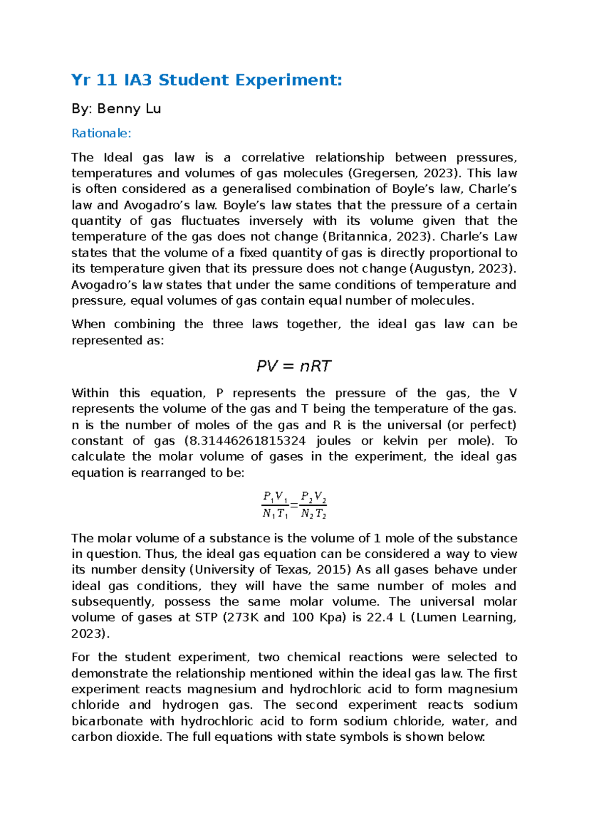 Chemistry FIA2: Analysis of the Ideal Gas Law in Student Experiments - Studocu
